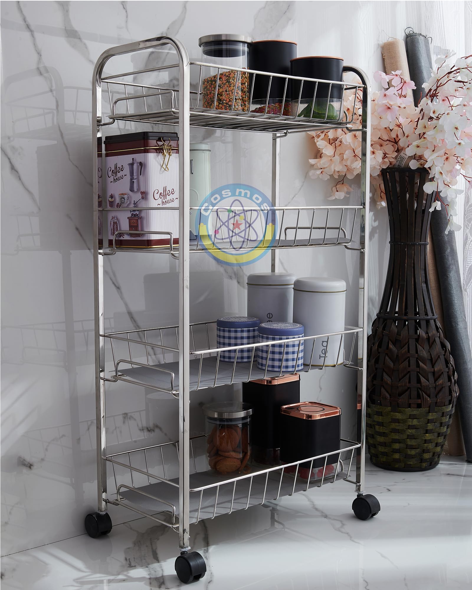 Cosmos Stainless Steel 4 Tier Large Kitchen Organizer Trolley with Anti ...