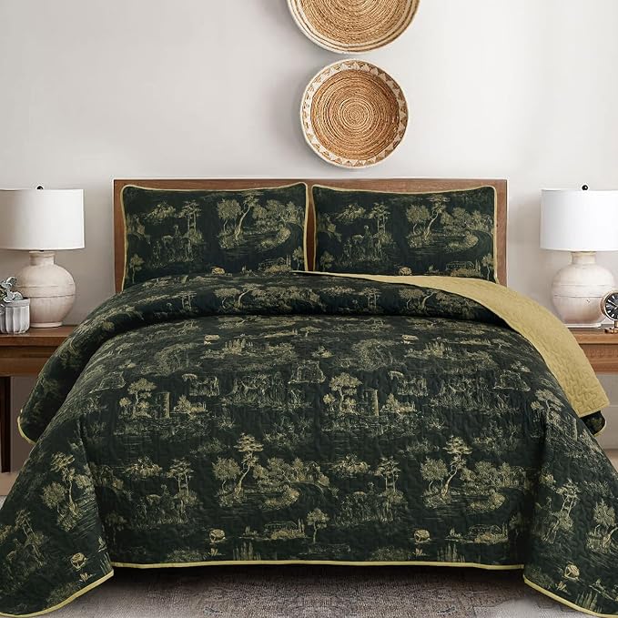 Amazon.com: Drucon Black Farmhouse Quilt Set Queen Size, Toile Rustic ...