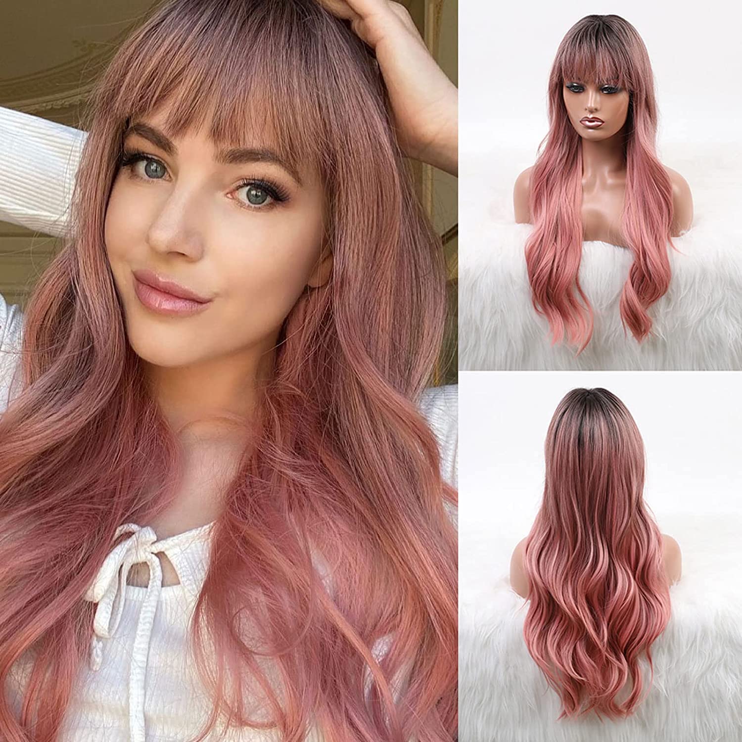 Amazon.com : BUKOO Pink Wig with bangs, Long Wavy Curly Wigs for Women ...