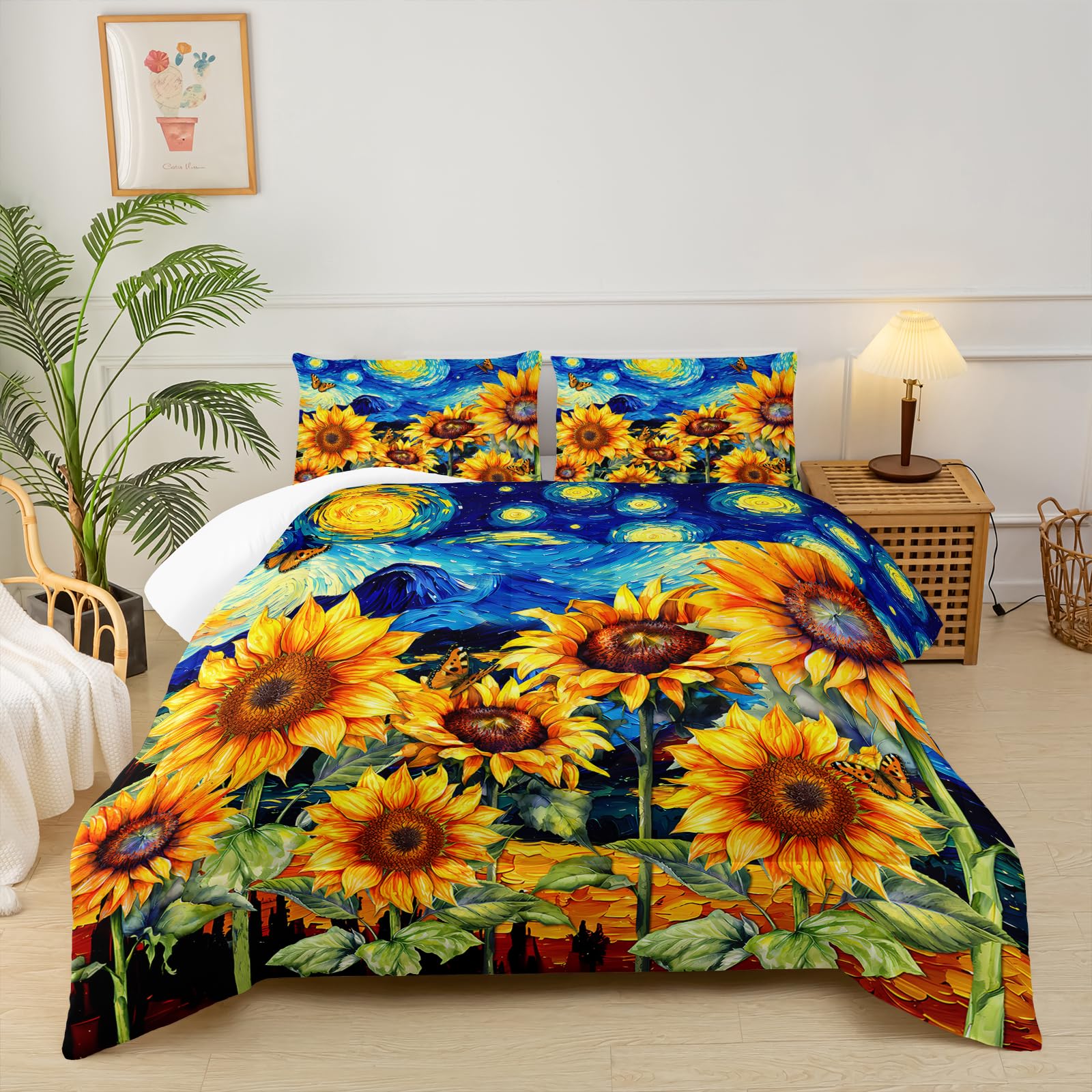Amazon.com: lneffble Yellow Sunflower and Butterfly Comforter Set Queen ...