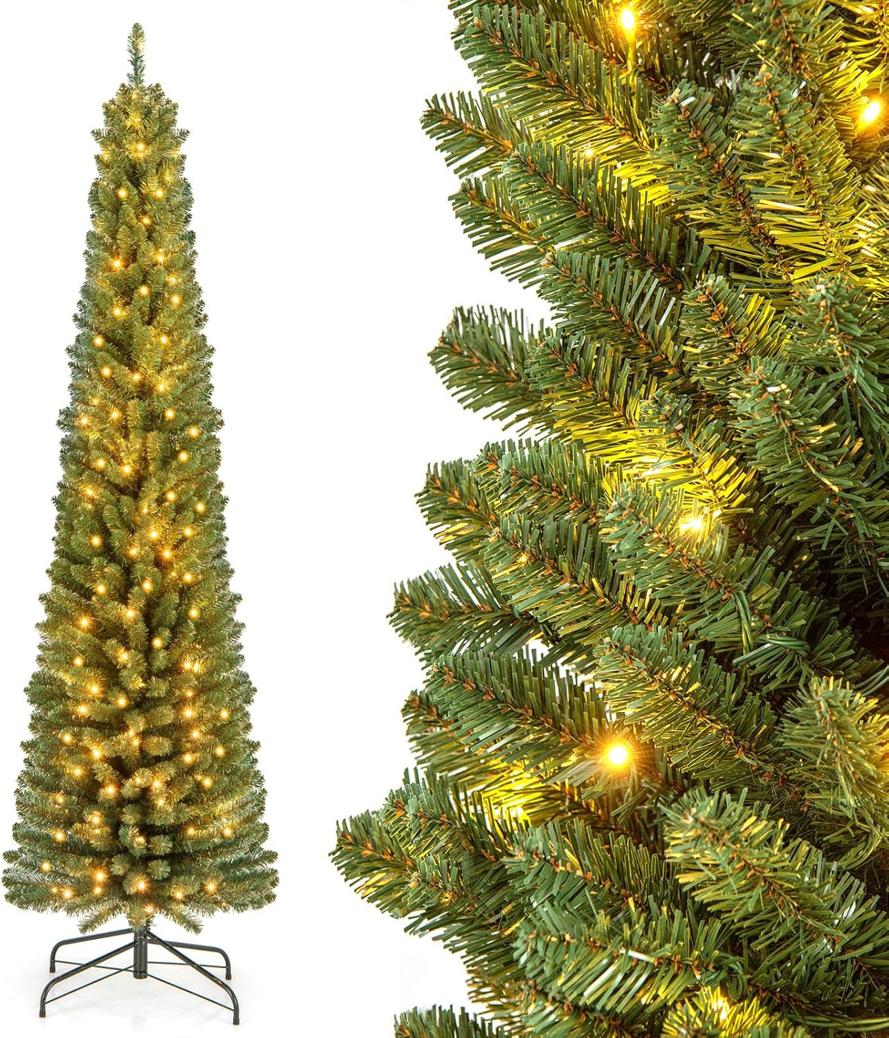 Amazon.com: Goplus 7ft Pre-Lit Slim Pencil Christmas Tree, Artificial ...