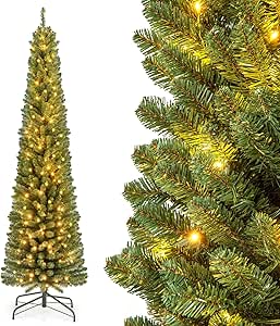 Amazon.com: Goplus 7ft Pre-Lit Slim Pencil Christmas Tree, Artificial ...