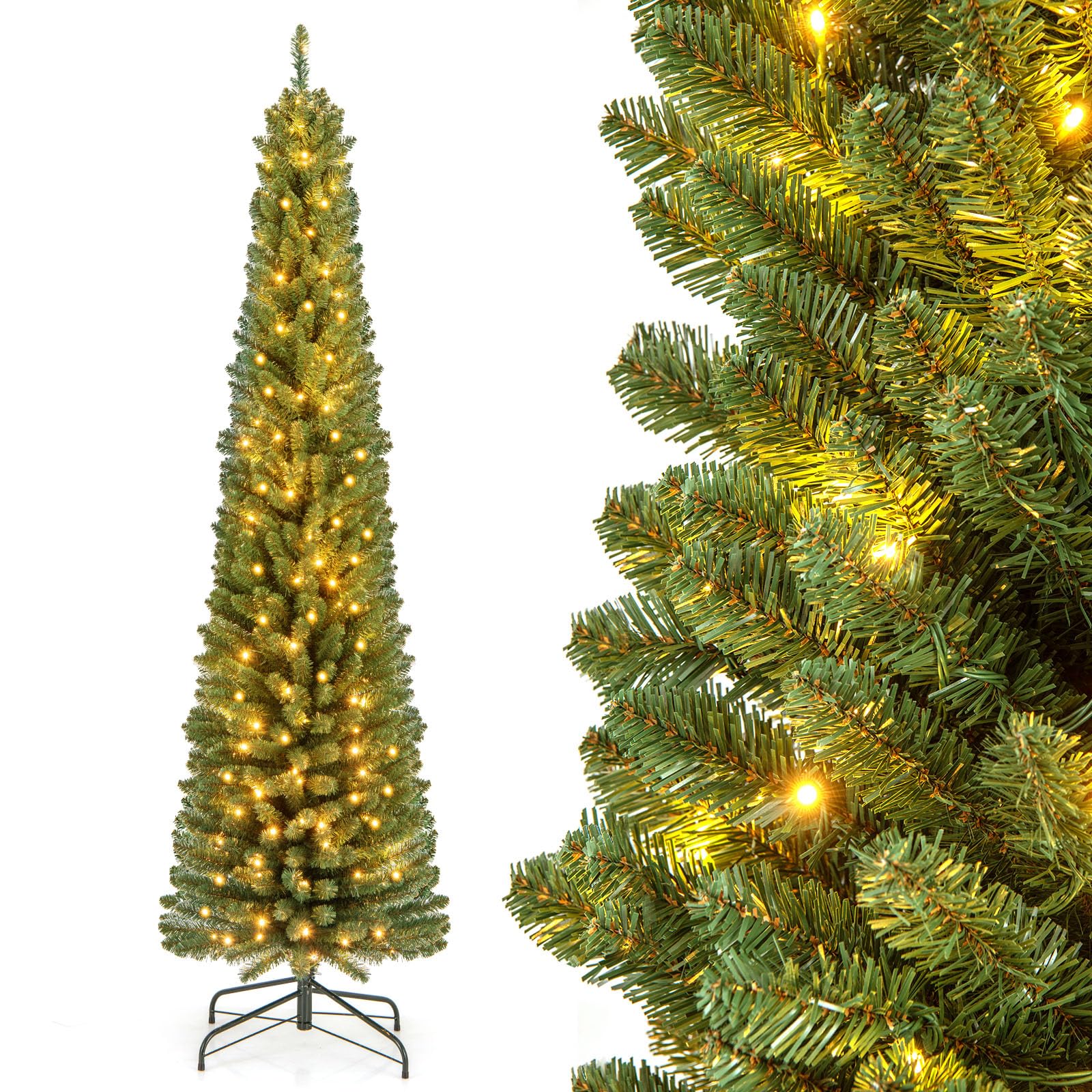 Amazon.com: Goplus 7ft Pre-Lit Slim Pencil Christmas Tree, Artificial ...
