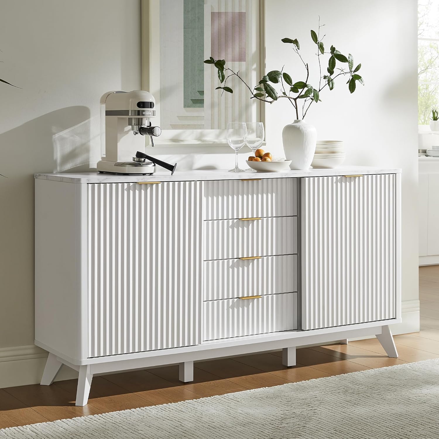 Amazon.com - T4TREAM Fluted Buffet Cabinet, 60" Modern Sideboard with Sliding Doors & 4 Drawers ...