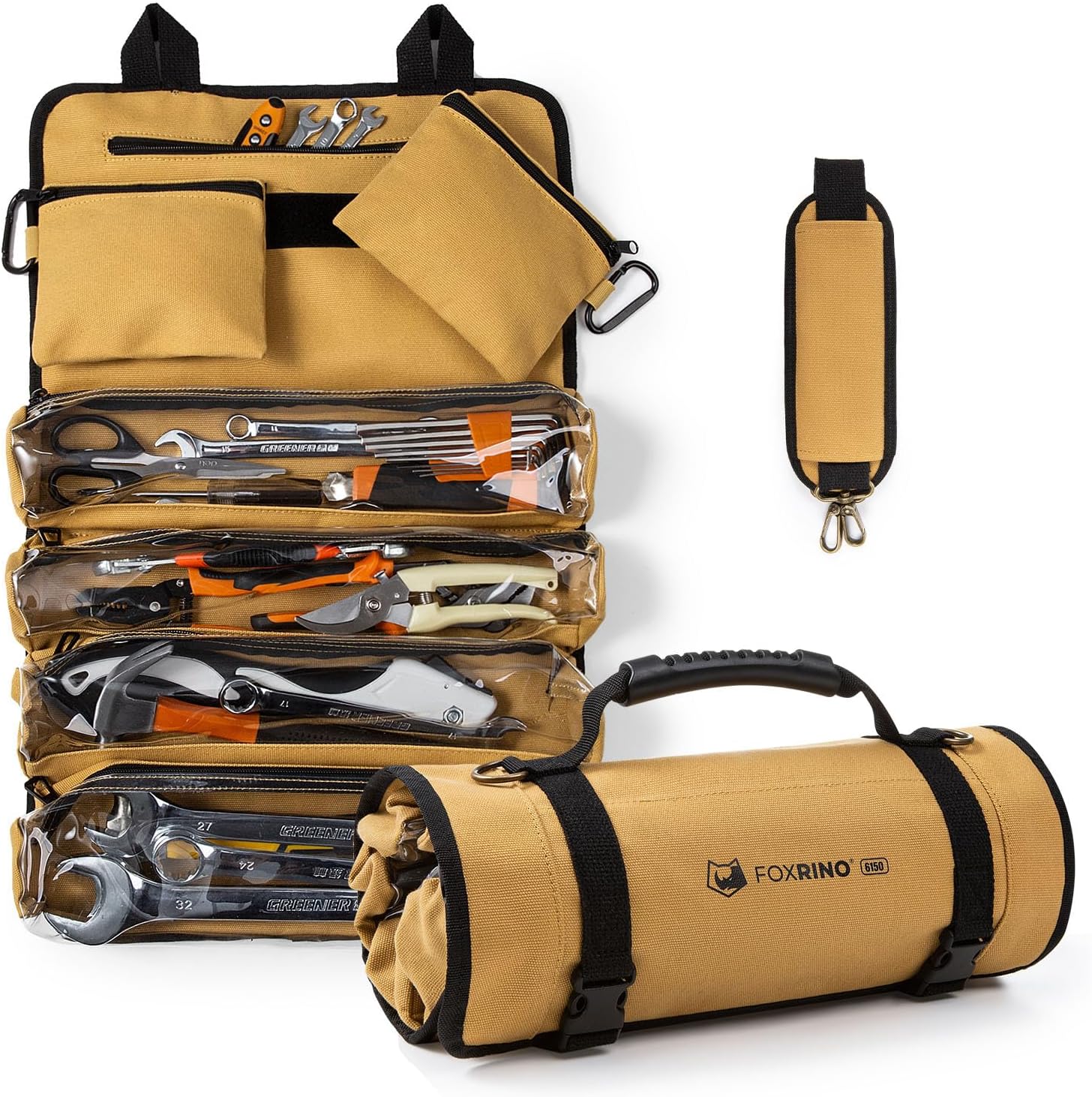 Foxrino Tool Roll Bag, Roll Up Tool Bag with 4 Clear Pockets & 2 ...