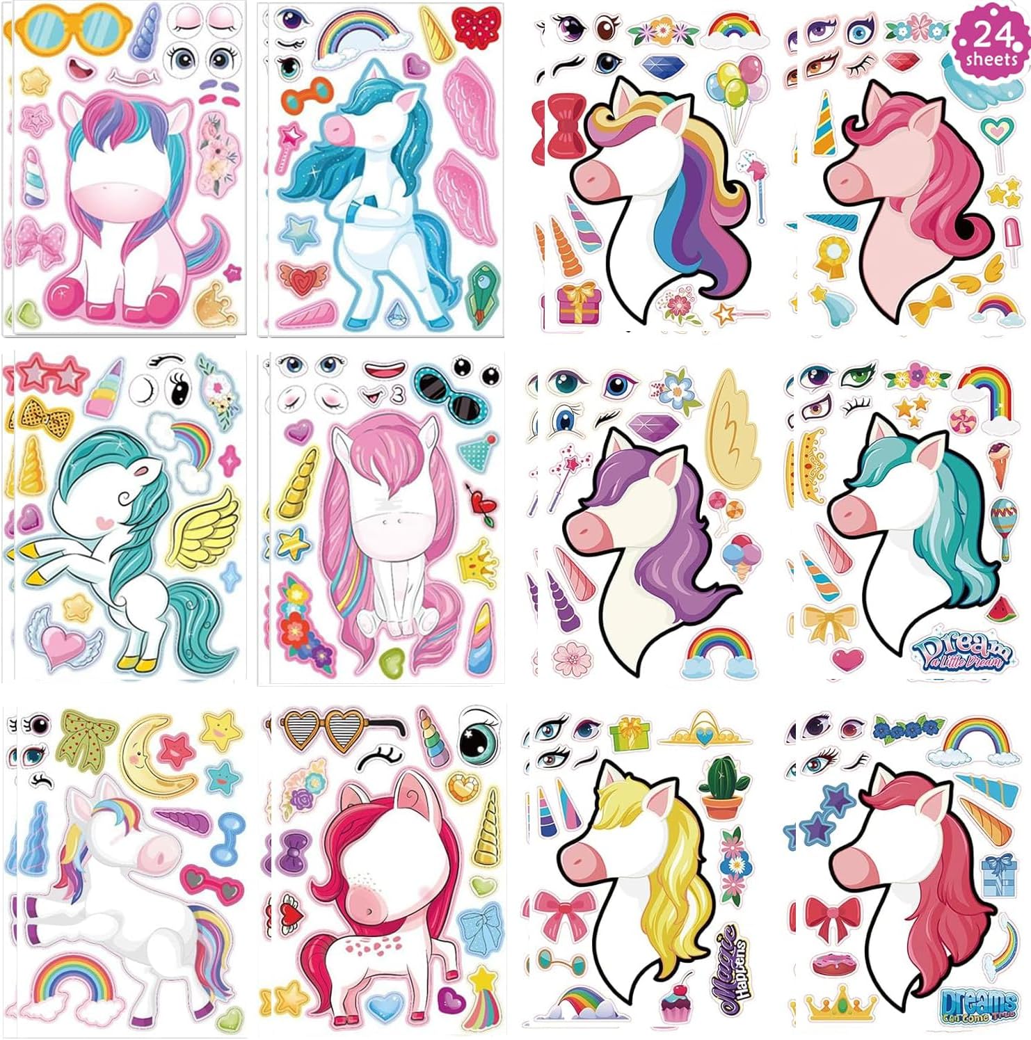 Amazon.com: 24 Sheets Unicorn Stickers Make a Face Stickers for Kids ...