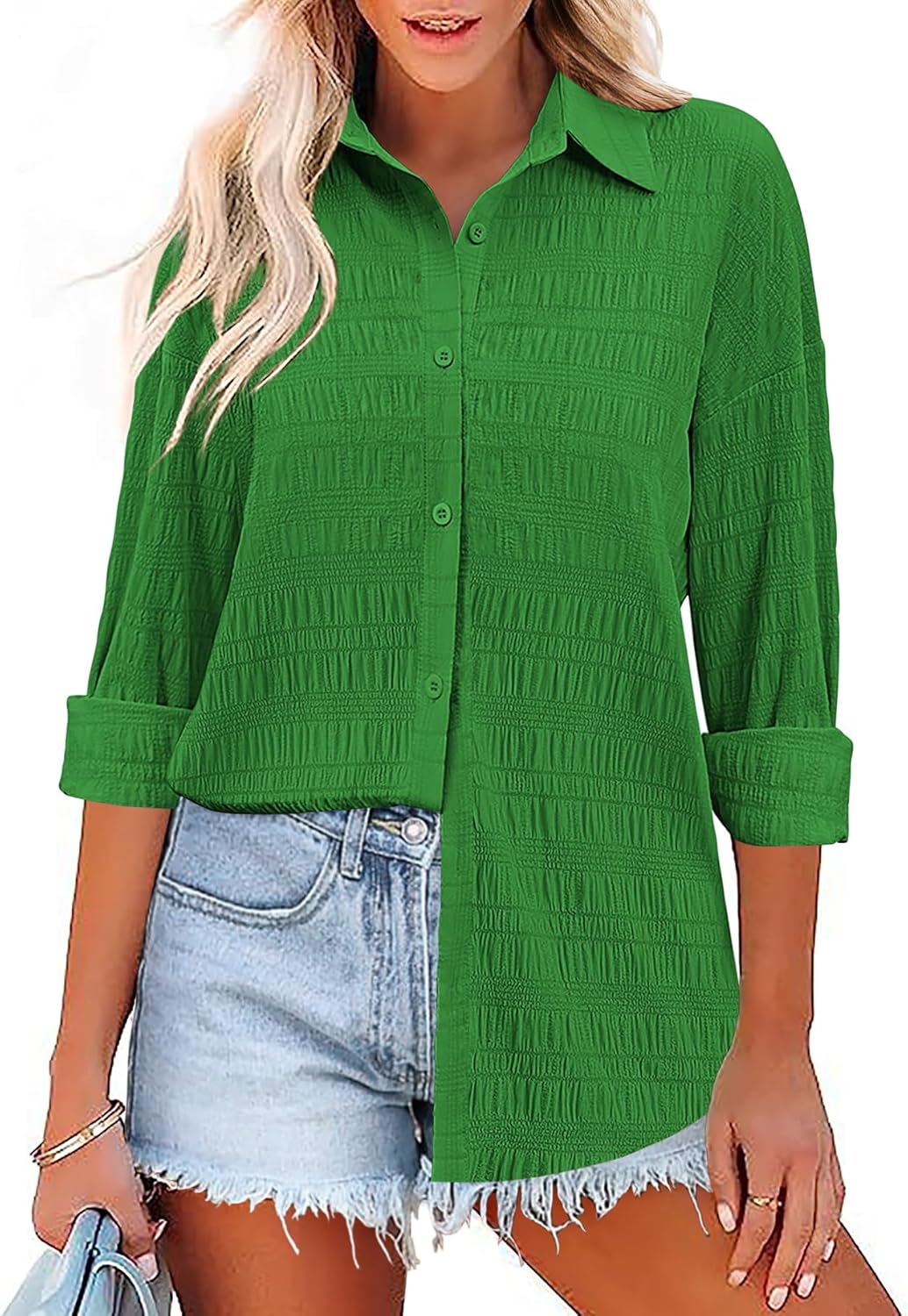 HOTOUCH Oversized Women Button Down Shirt Lightweight Square Textured ...