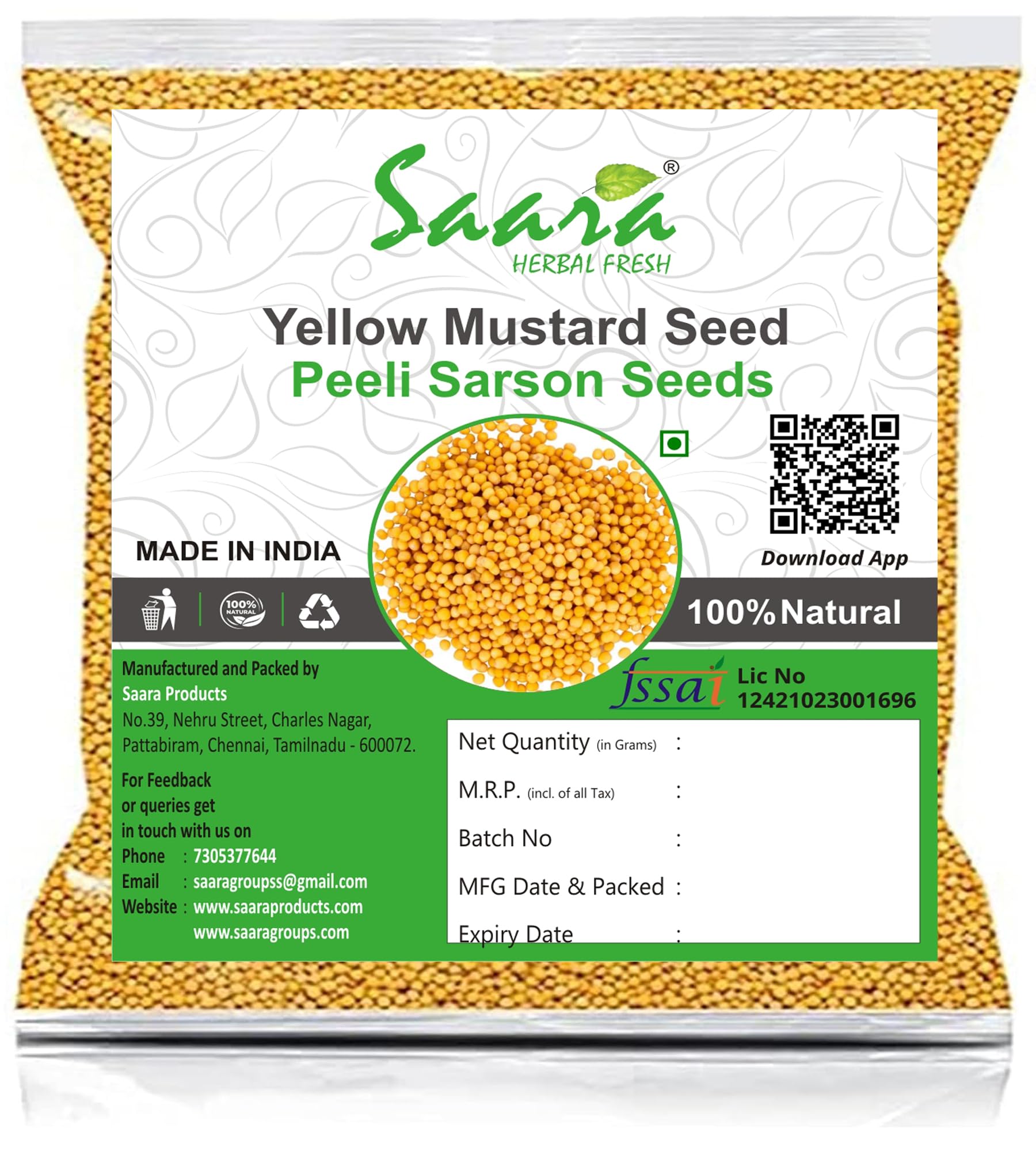Saara HERBAL FRESH White Mustard Seeds (Yellow Mustard), 400 grams ...