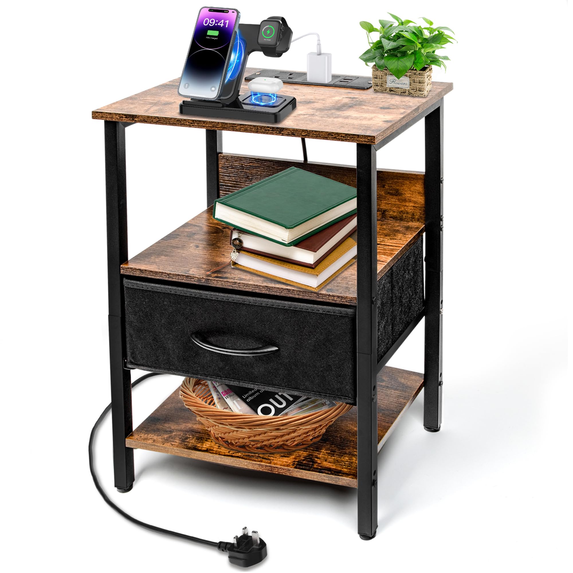 Gofady Bedside Table with Charging Station, Nightstand with 2 Outlets ...