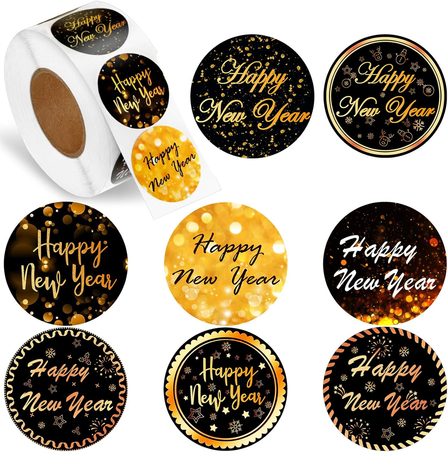 Amazon.com : Outus 800 Pcs 2026 Happy New Year Stickers Round Black and ...