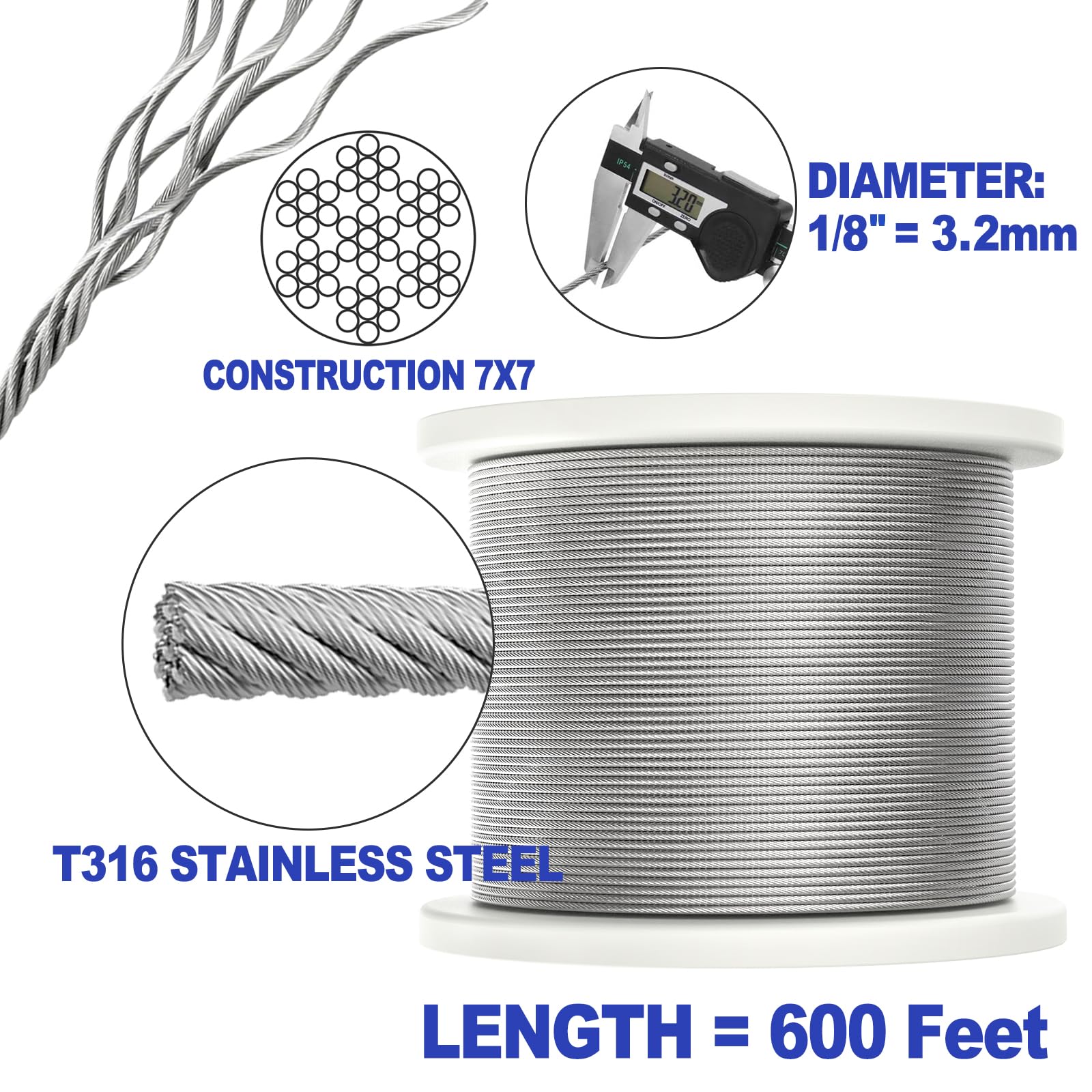 Snapklik.com : CKE 600FT 1/8" Stainless Steel Cable T316 Stainless ...