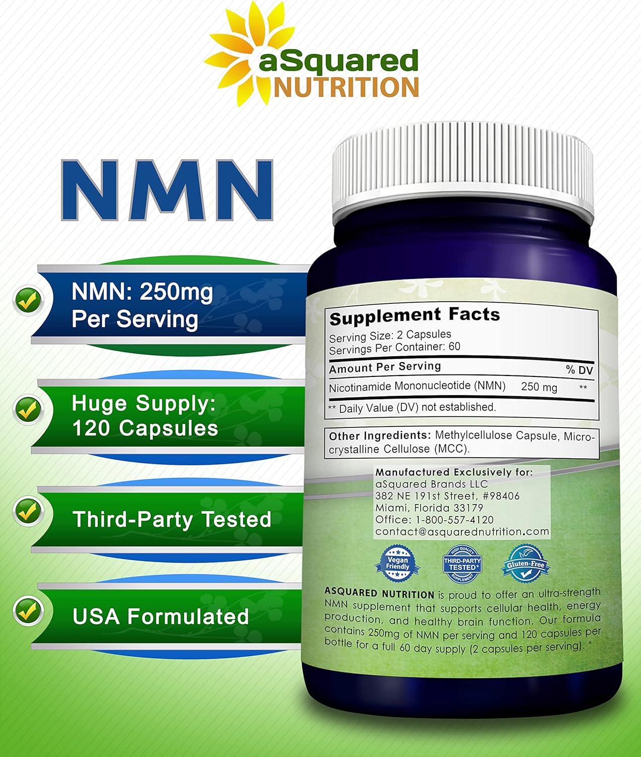 Buy NMN Supplement Stabilized Form 250mg - Nicotinamide Mononucleotide 120 Capsules - NMN Pills ...