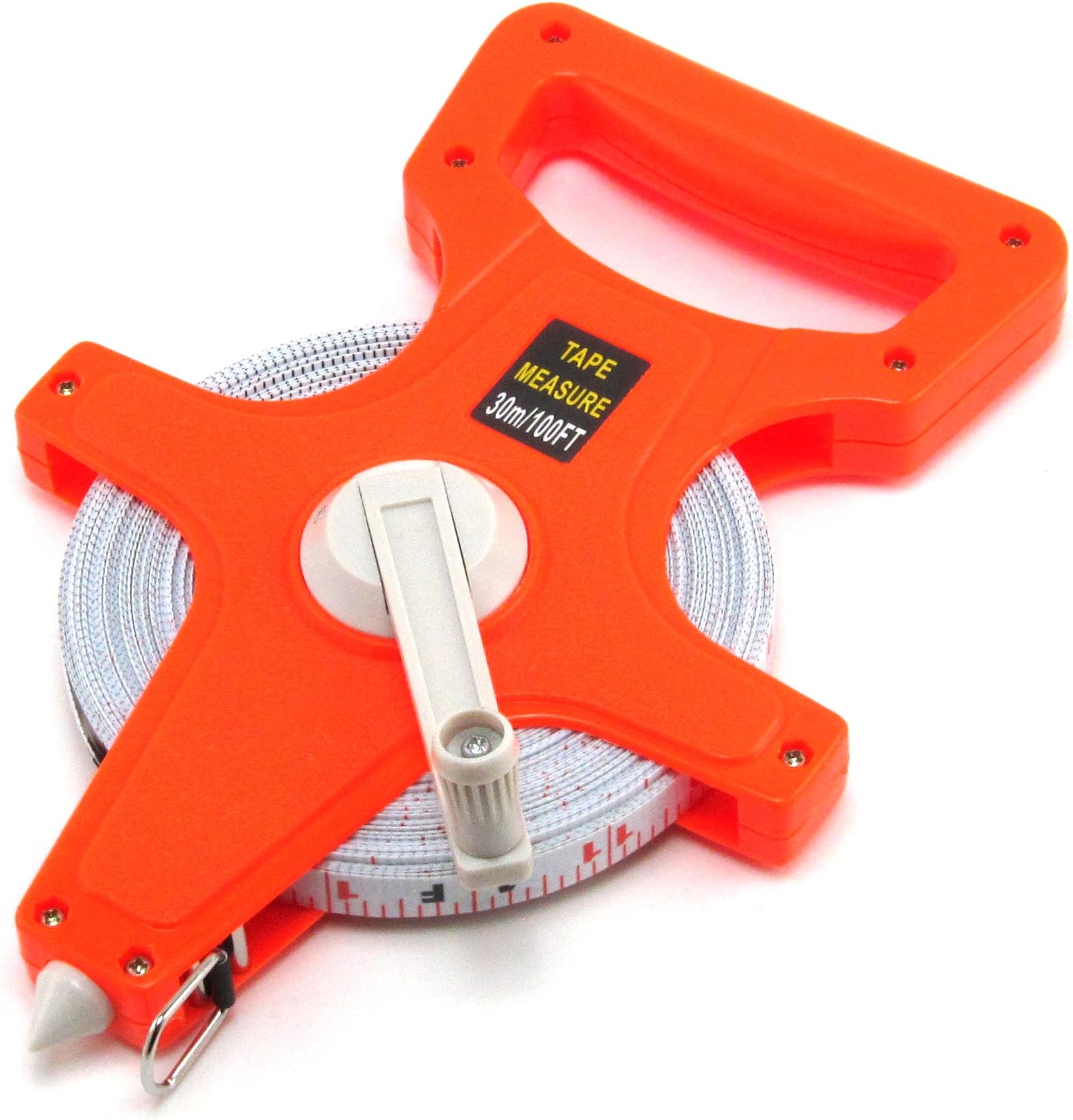 100-Foot Fiberglass Tape Measure. Bright Hard Plastic Reel with a ...
