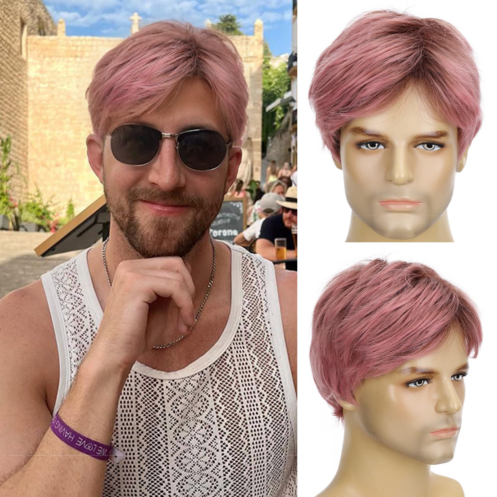 Pink Wigs For Men NANZHIJIA Fluffy Men Wigs Short Synthetic Hair