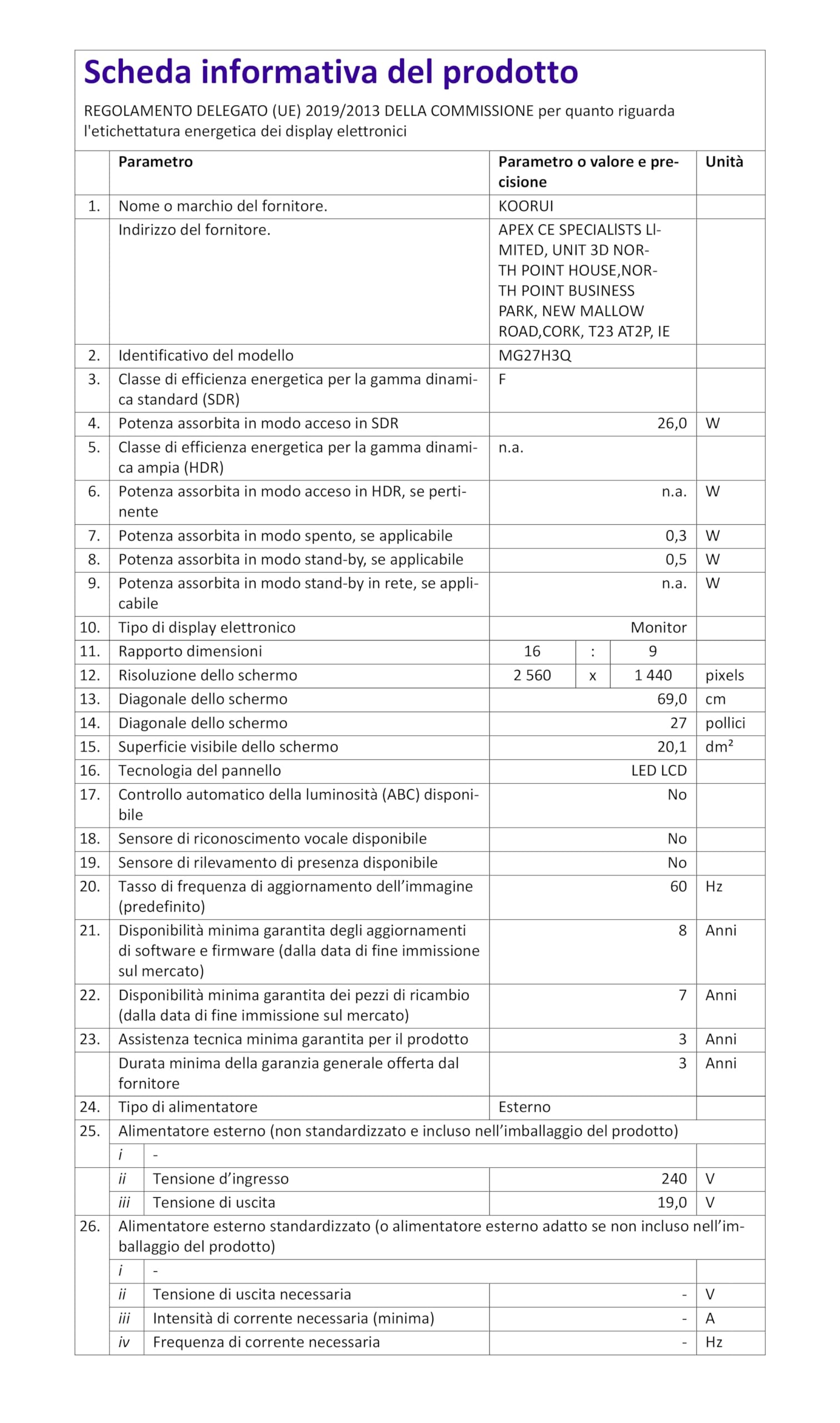 KOORUI Monitor Gaming, 2K Monitors 27 Pollici, QHD(2560 * 1440), IPS ...