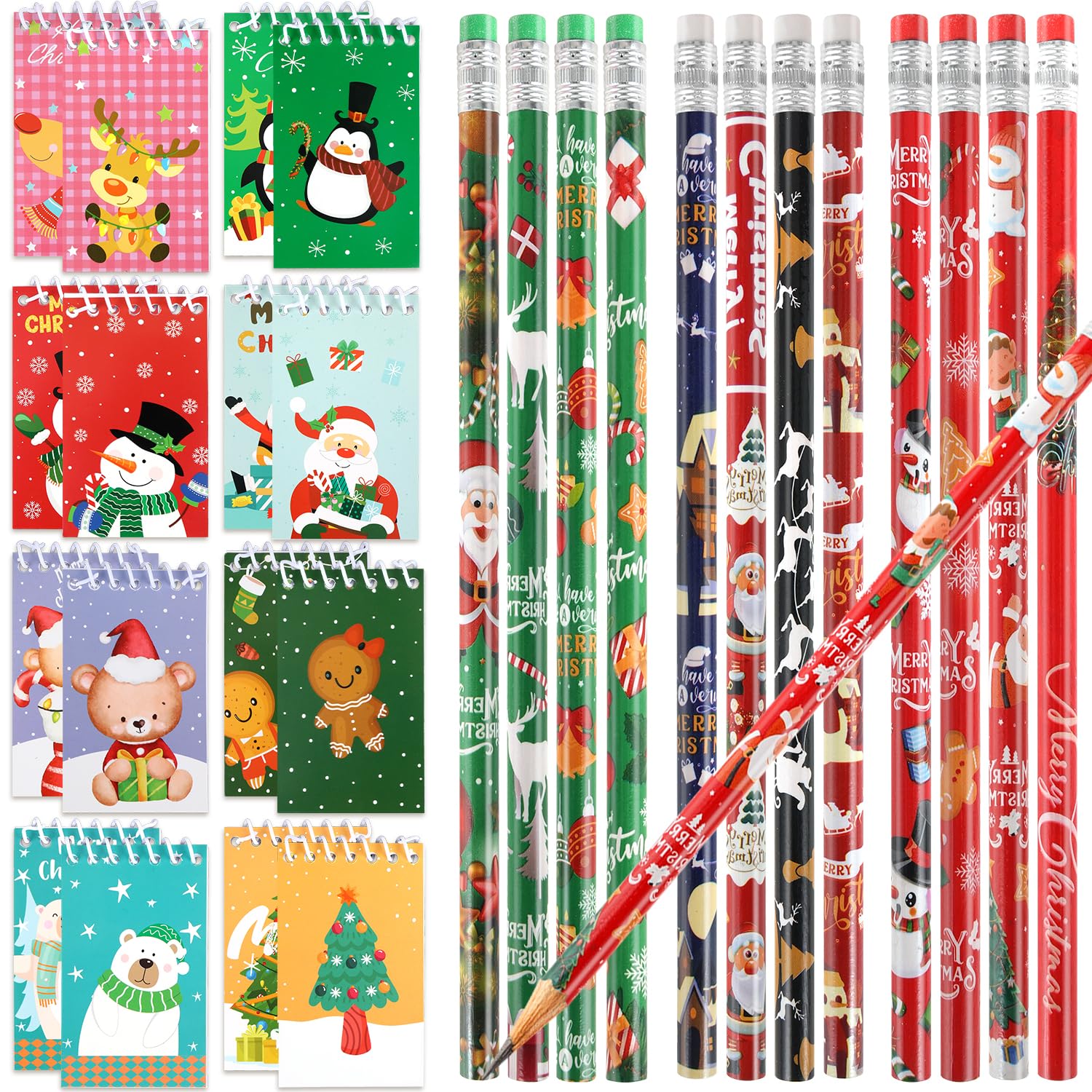 HOWAF 16pcs Christmas Mini Notepads with 12pcs Christmas Pencils ...
