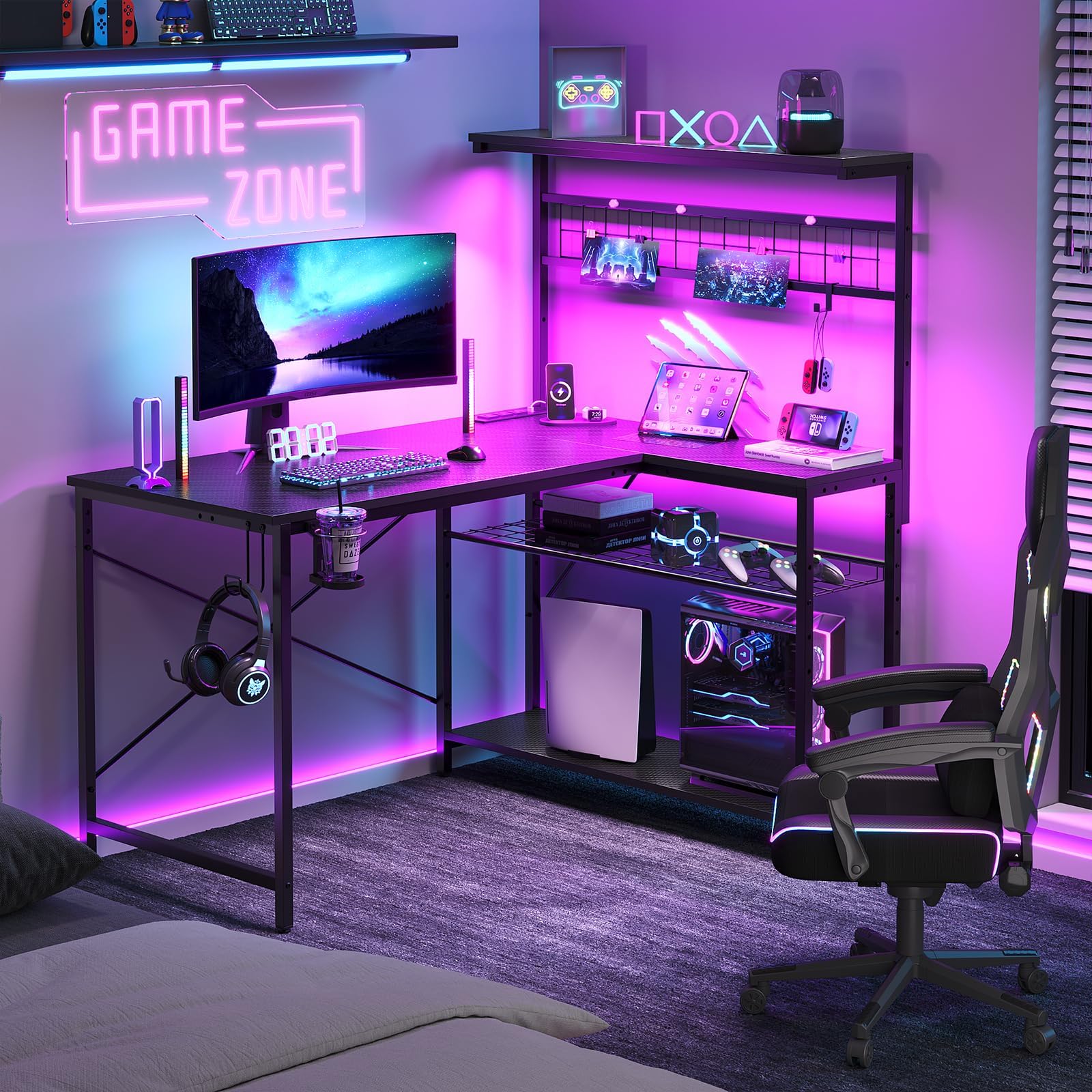 Amazon.com: Gamtimer Gaming Desk with LED Lights,55 inch Carbon Fiber ...