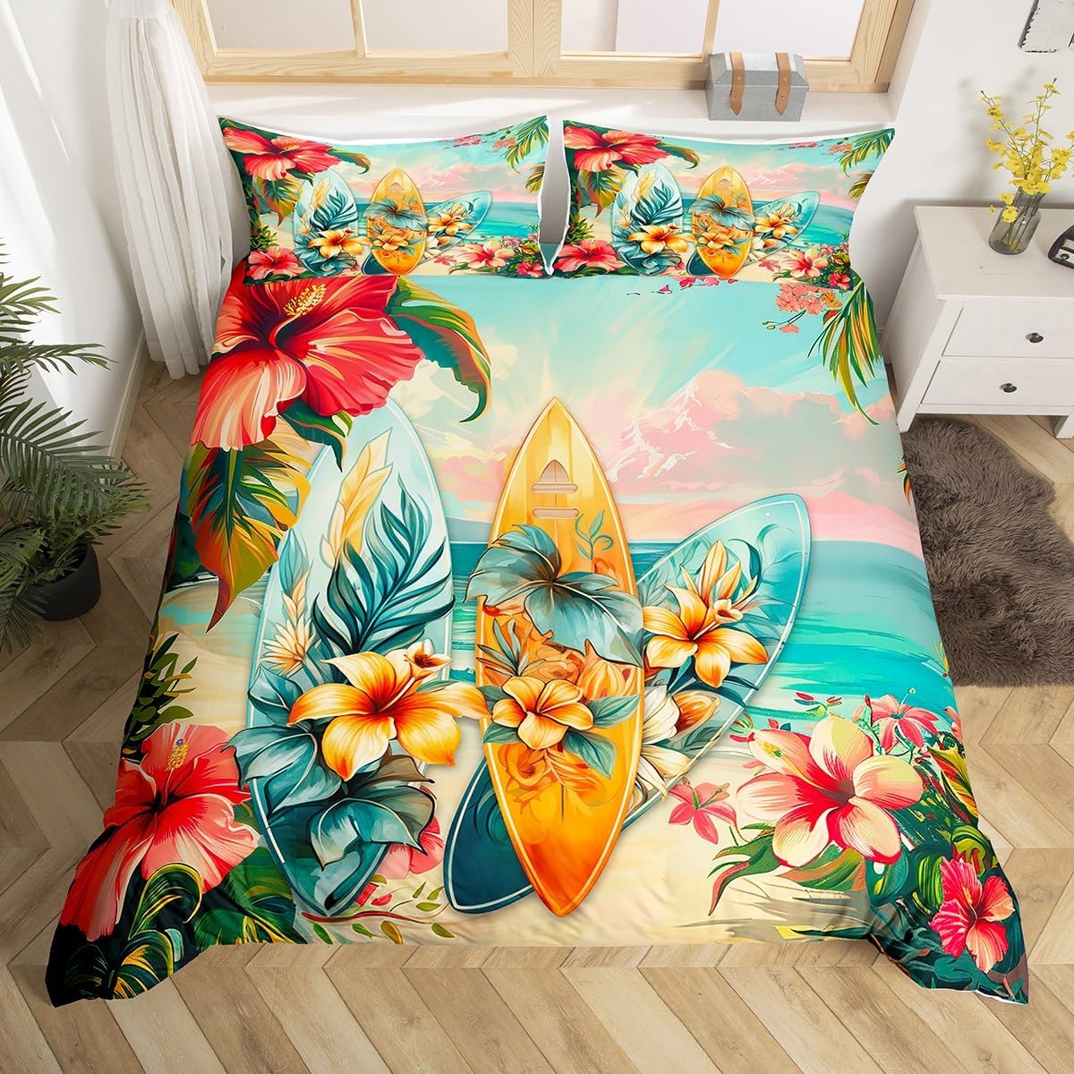 Amazon.com: Manfei Surfing Kids Duvet Cover Set Queen Size,Tropical ...