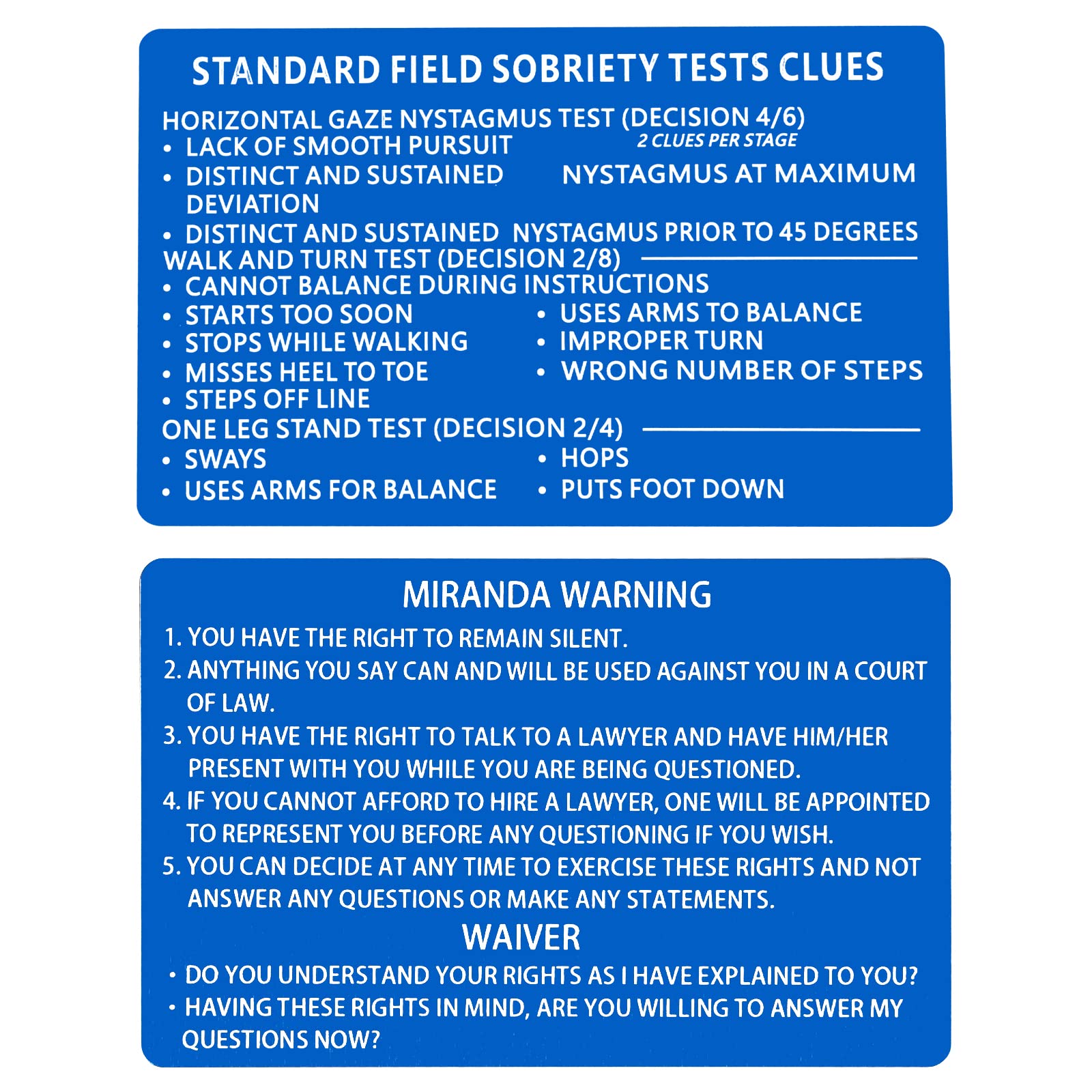 Amazon.com: Laser Metal Miranda Warning Card / Standard Field Sobriety ...