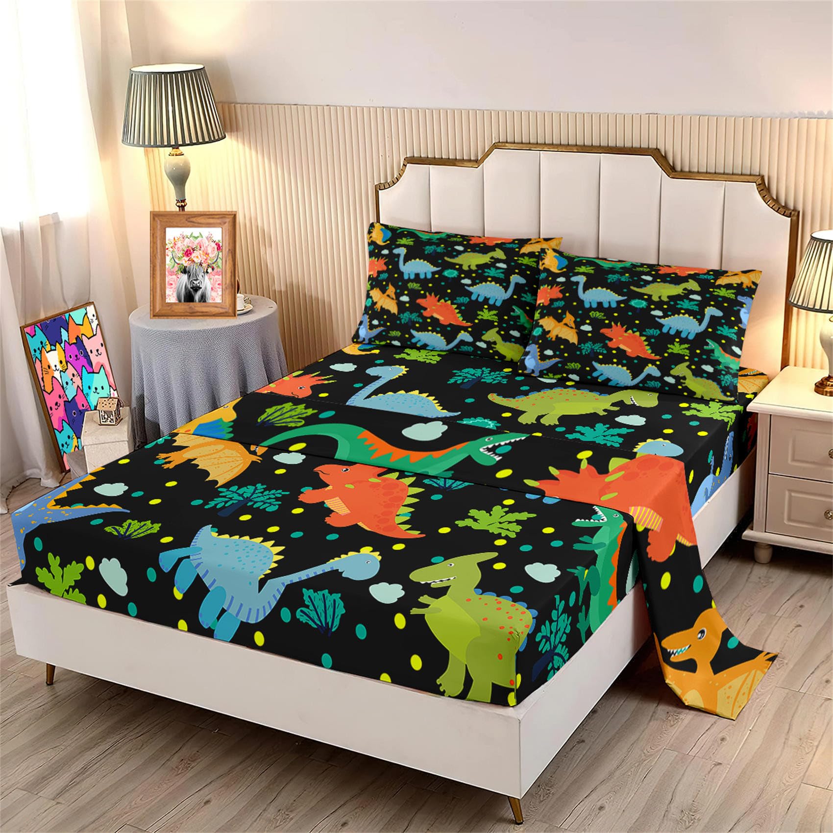 Amazon.com: 3Pcs Boys Dinosaur Sheet Set - Cute Cartoon Black Dinosaur ...