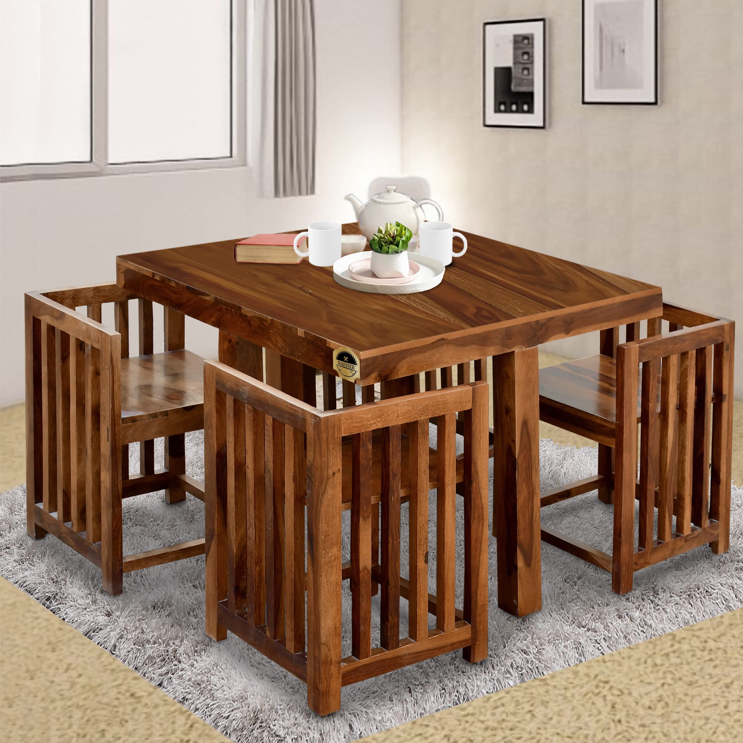 BADHEE Solid Sheesham Wood 4 Seater Dining Table Set Wooden Dining ...