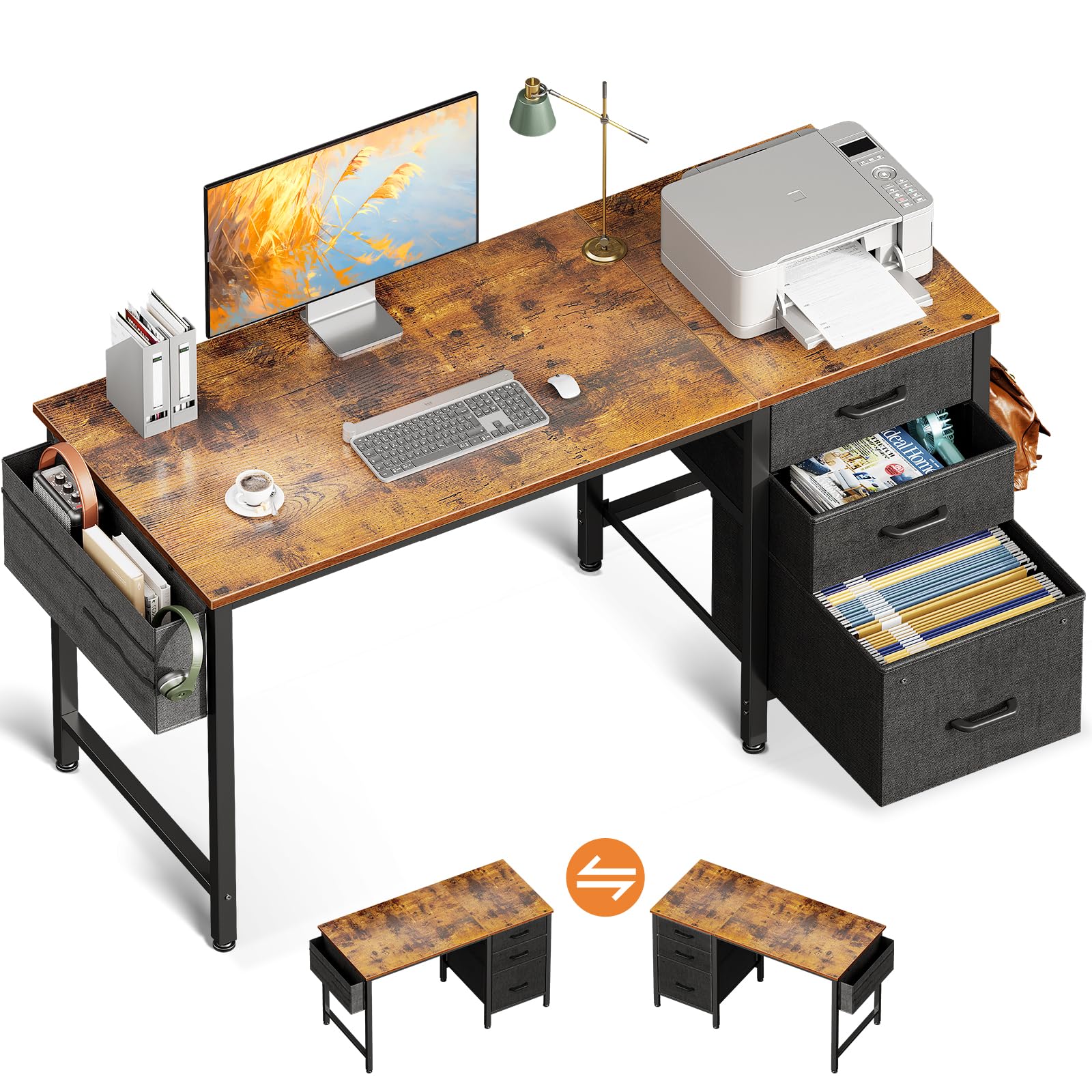 Amazon.com: Casaottima 48-Inch Small Computer Desk with Fabric Drawers ...
