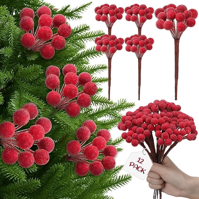Amazon.com: Leinuosen 12 Pack Christmas Tree Red Sugared Berry Picks 9 ...