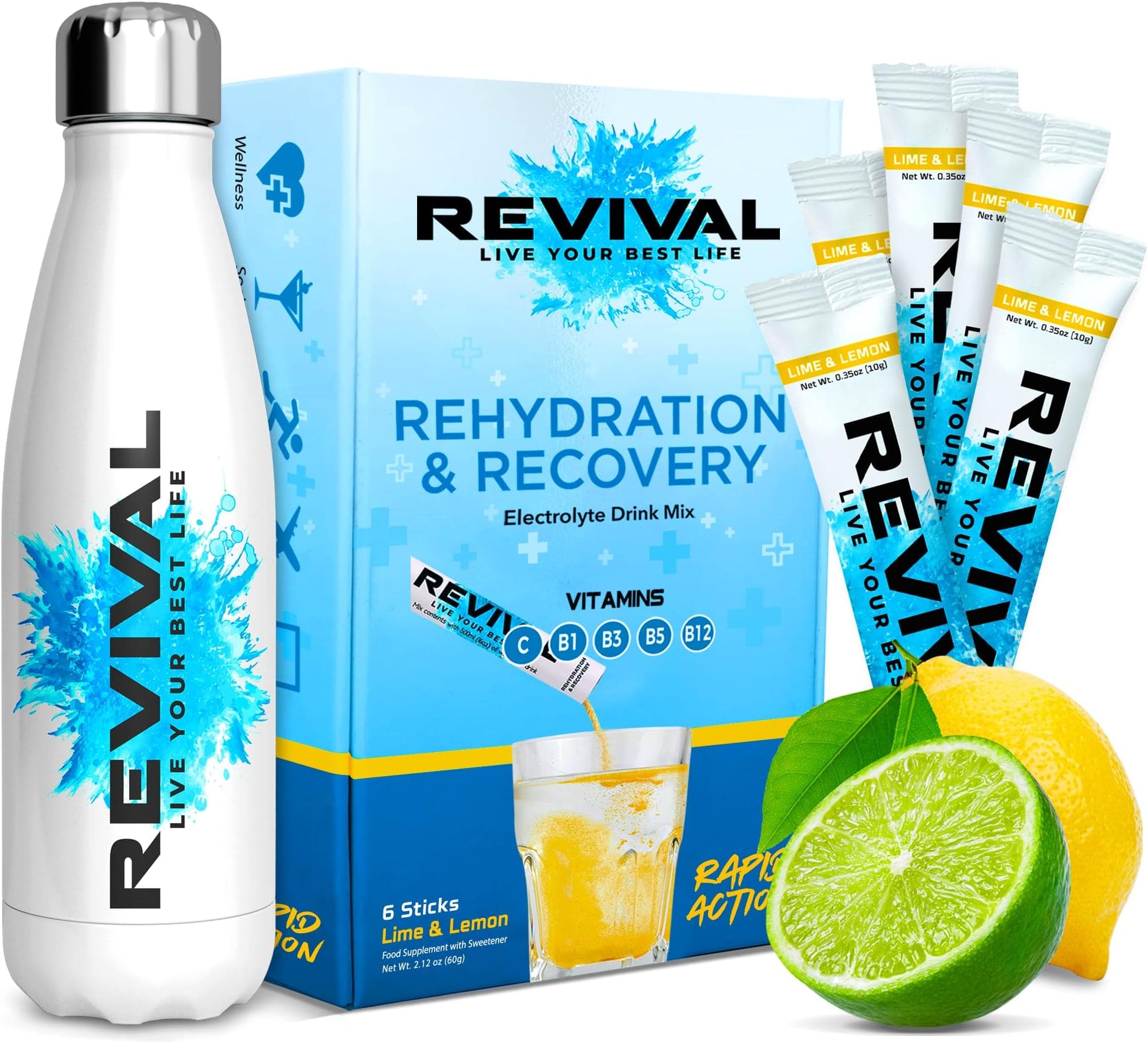 Revival Rapid Rehydration Starter Pack - 500ml Steel Water Bottle with ...