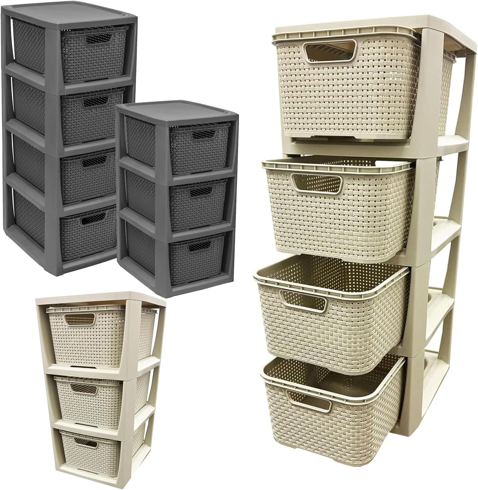 Stylish Home Rattan Plastic Storage Tower Basket Commodes Cream & Grey ...