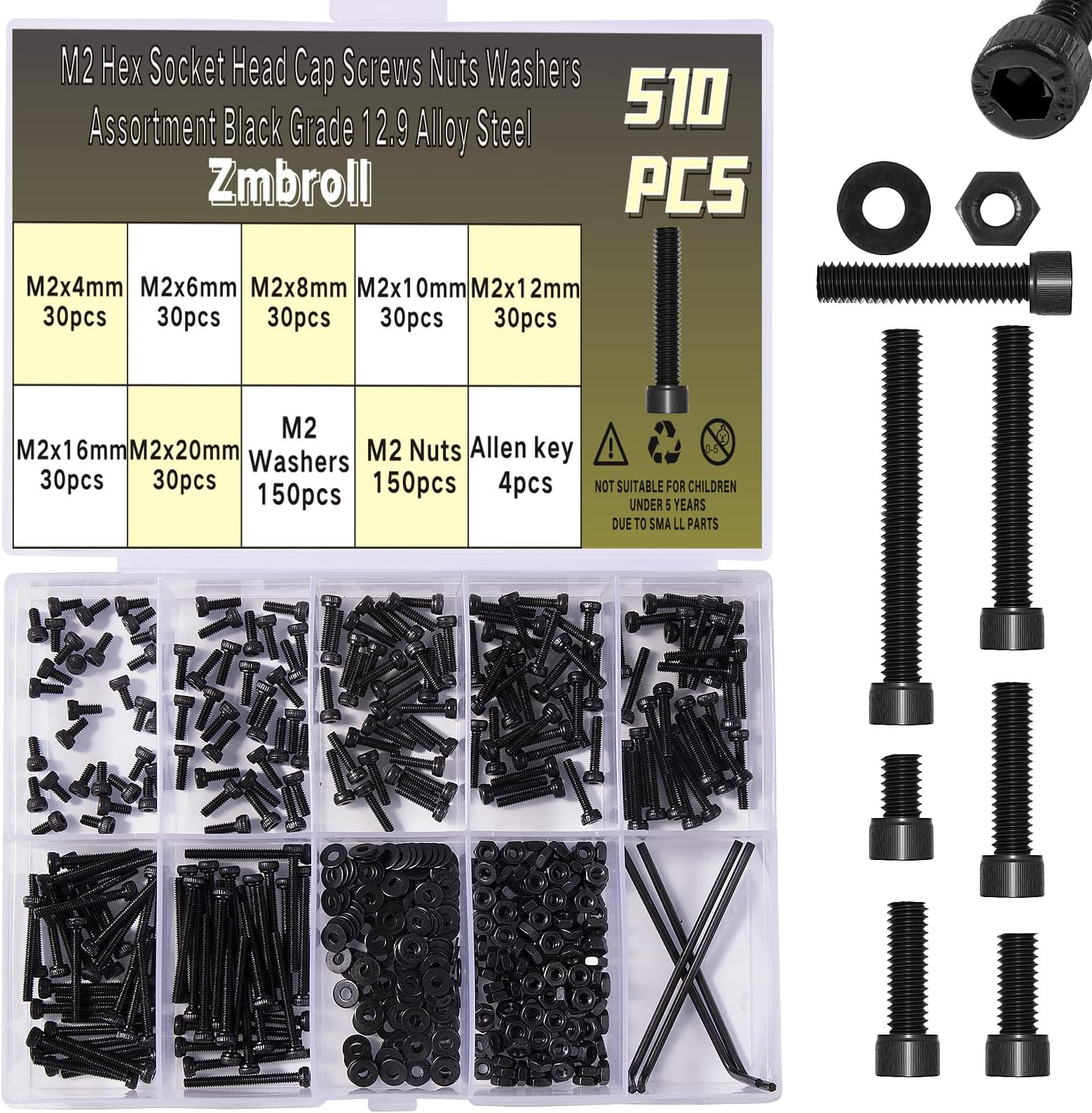 Zmbroll 510 Pcs M2 Socket Cap Screws Metric Hex Bolt Nuts Washers 12.9 ...