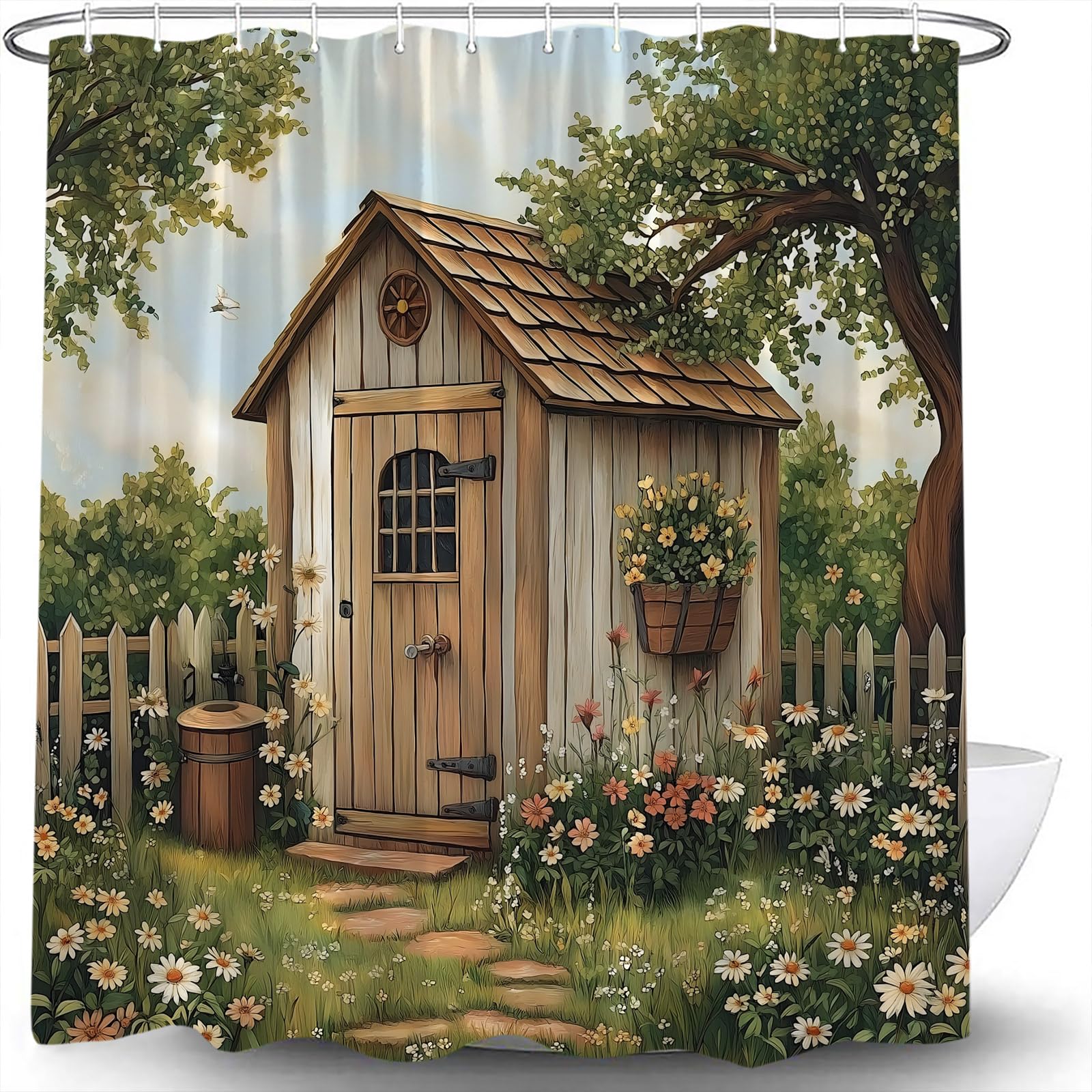 Amazon.com: LAEDCIITI Outhouse Shower Curtain Vintage Spring Wildflower ...