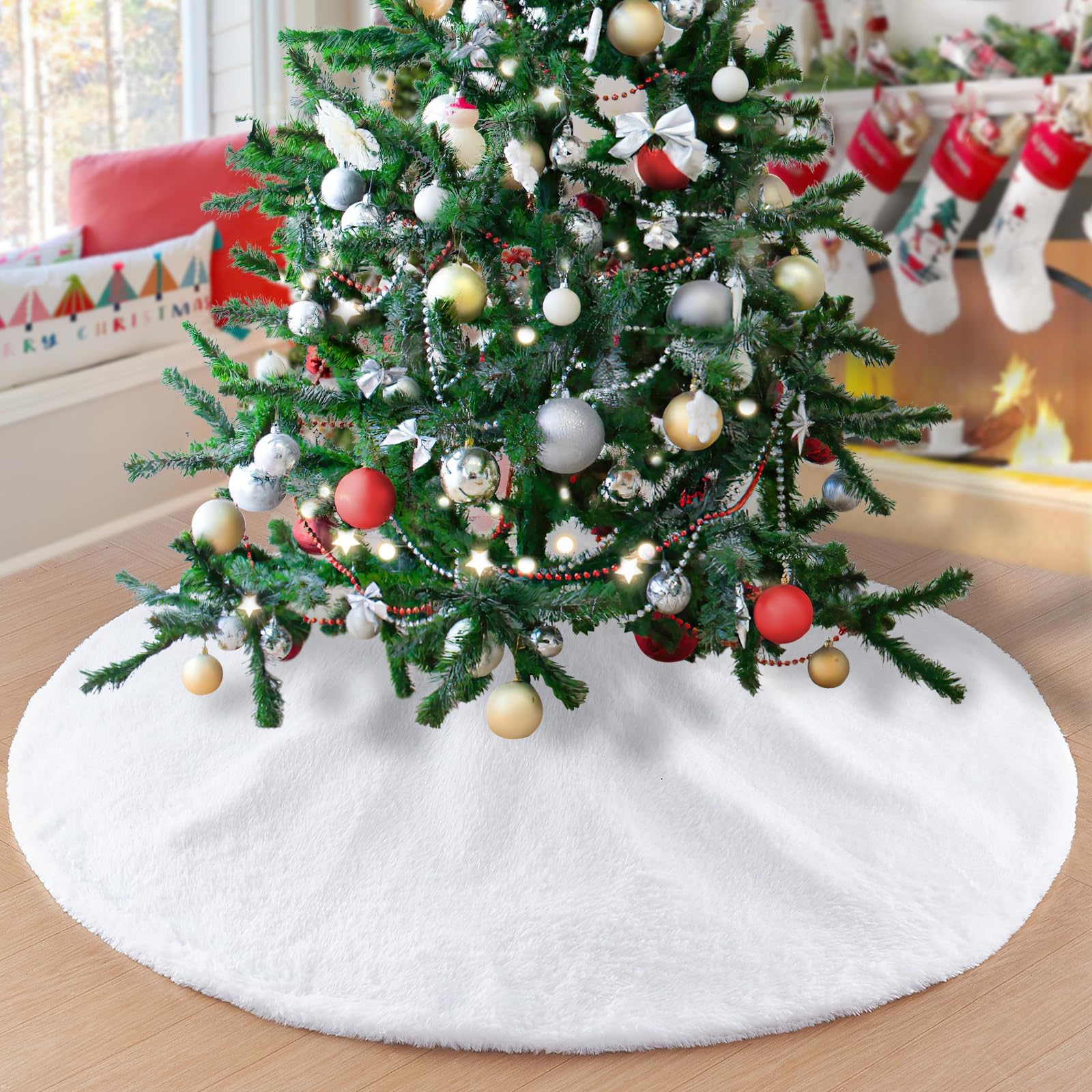 Amazon.com: Christmas Tree Skirt - Large Snow White Luxury Faux Fur ...