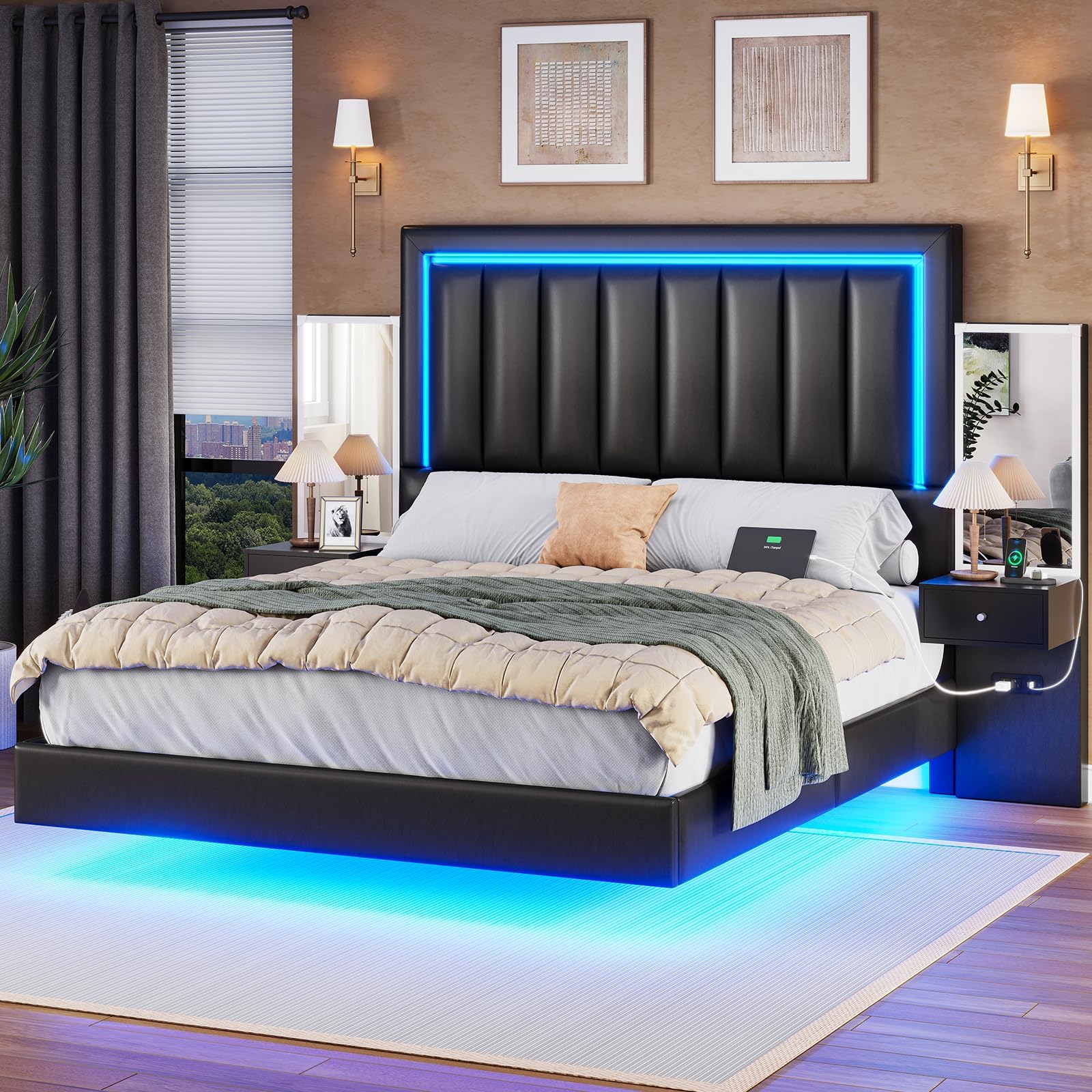 Amazon.com: SEDETA Floating Full Size Bed Frame with 53'' Tall ...