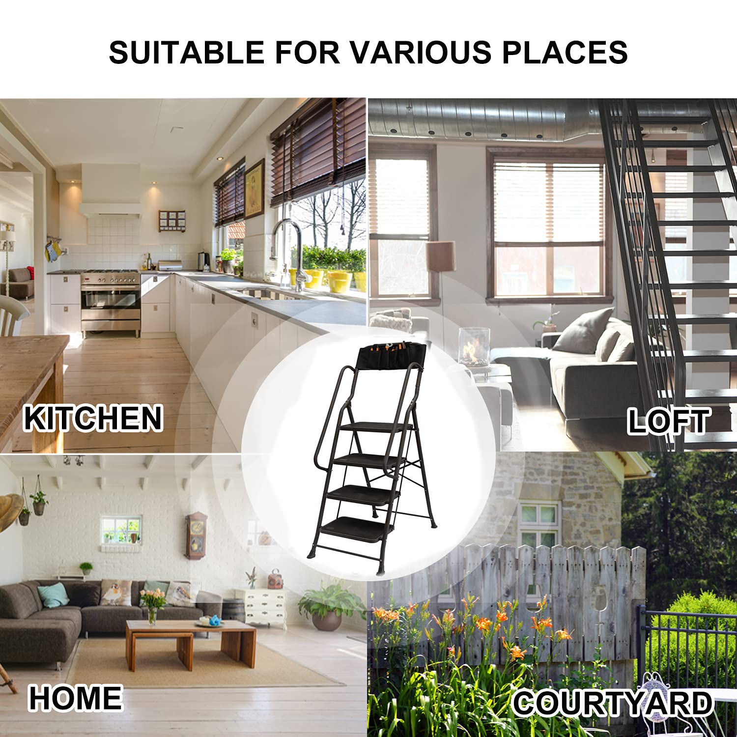 Buy FOOWIN Step Ladder, 4 Step Folding Ladder with Handrails, Portable ...