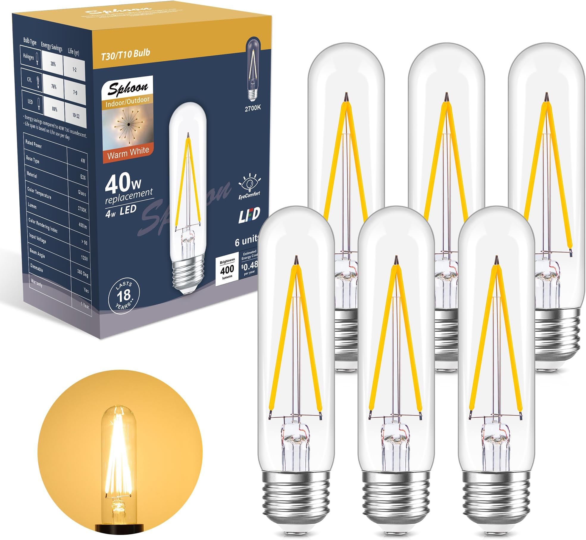 Sphoon 40 watt Light Bulbs,Dimmable Tubular Led Bulb E26 led Light Bulb ...