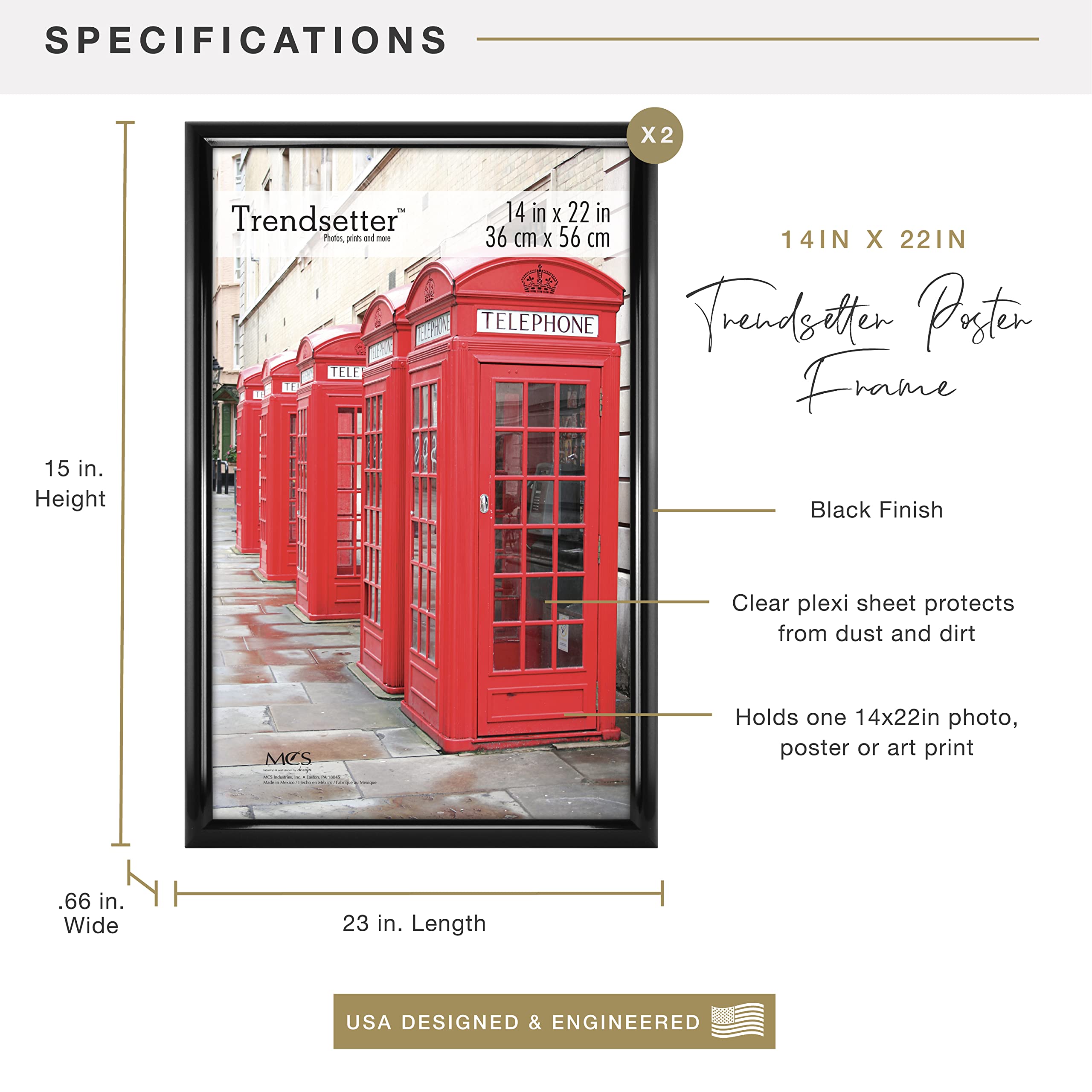 MCS Trendsetter Poster Frame, Black, 14 x 22 in, 2 pk