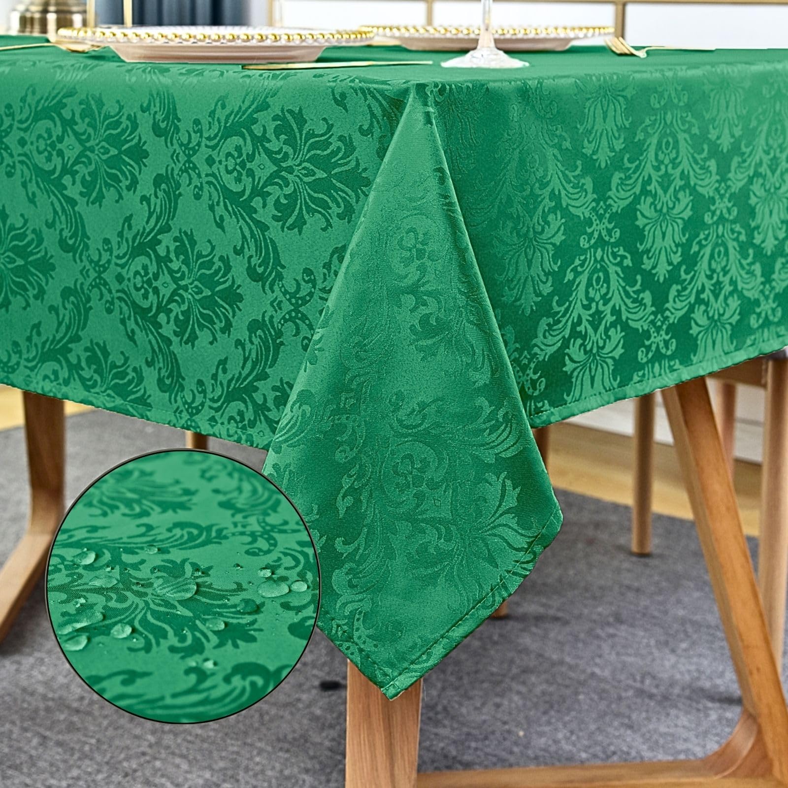 Amazon.com: Christmas Green Rectangle Jacquard Tablecloth, Damask Table ...