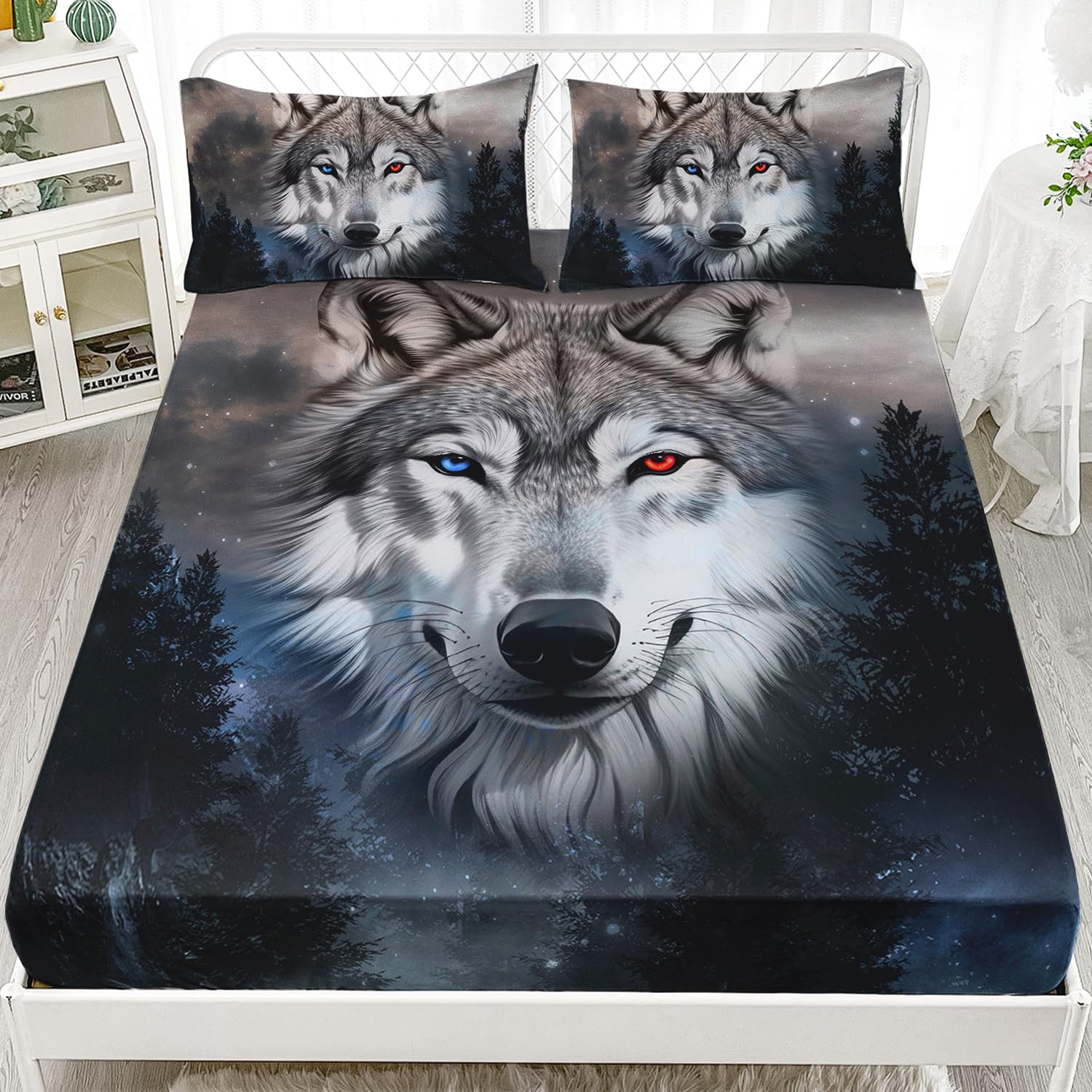 Amazon.com: AILONEN Wolf Fitted Sheet Set Queen Size, Wolf Head Pattern ...