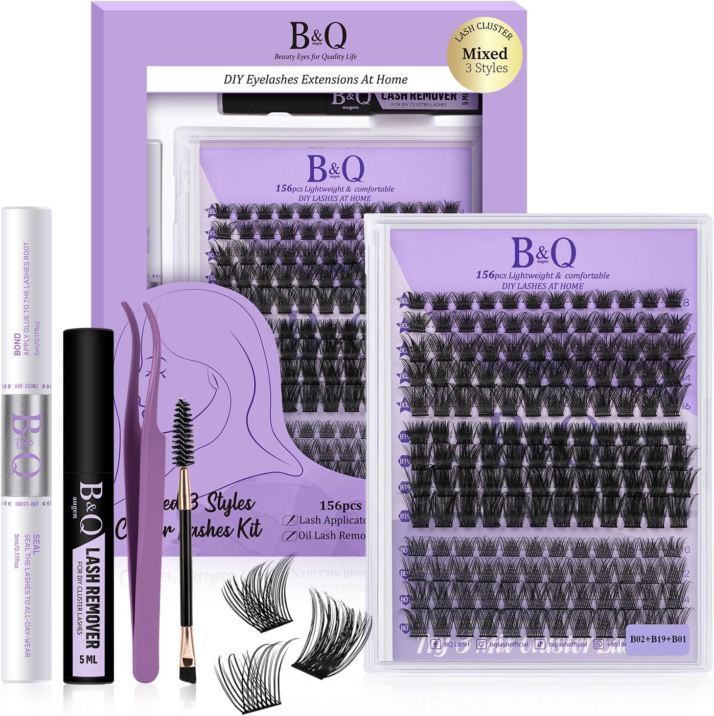 B&Qaugen DIY Lash Extension Kit B01+B02+B19 Eyelash Extension Set156 PCS Clusters 8-16mm Cluster ...