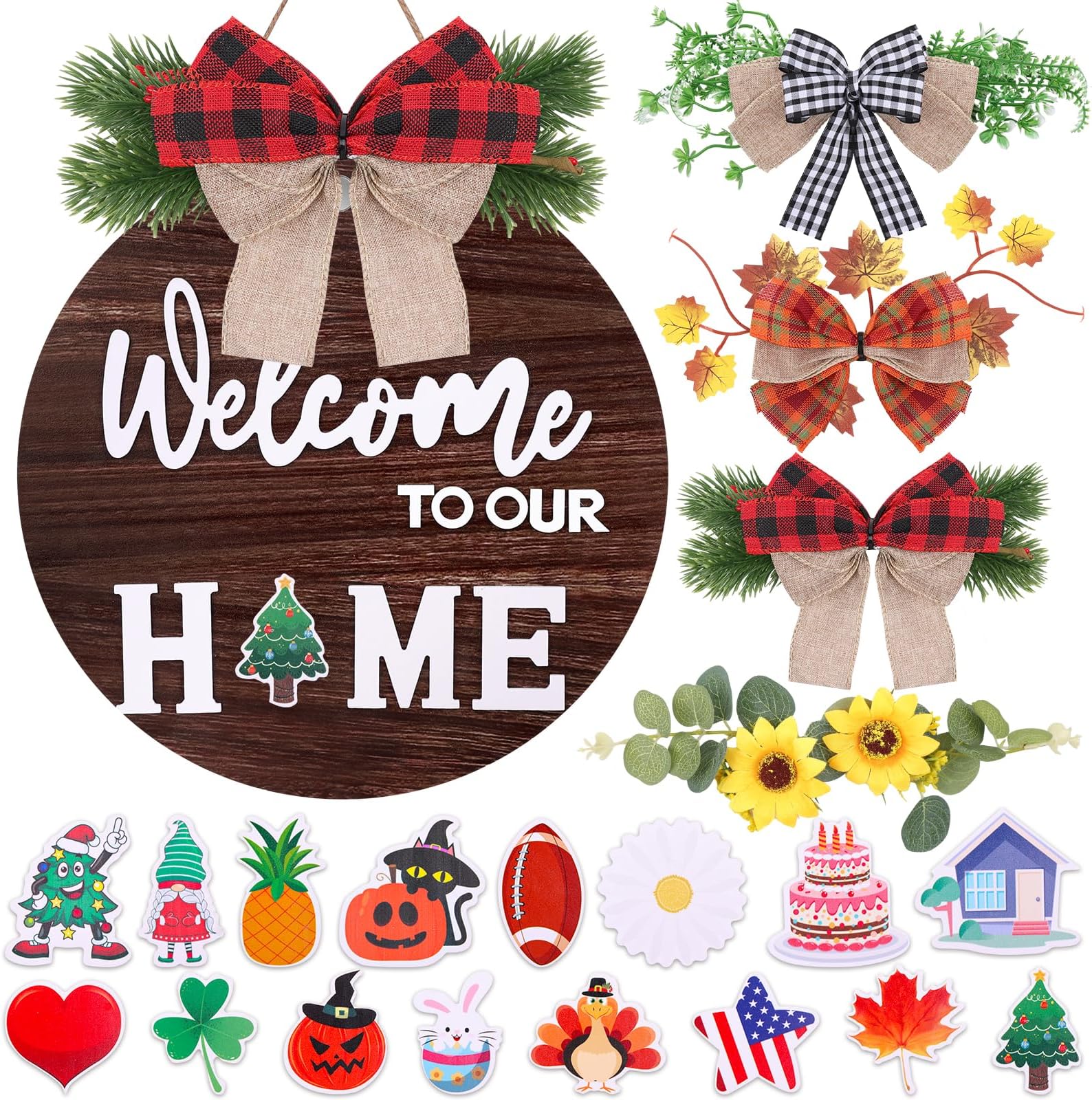 Amazon.com : Interchangeable Welcome Front Door Sign Round Wood 4 ...