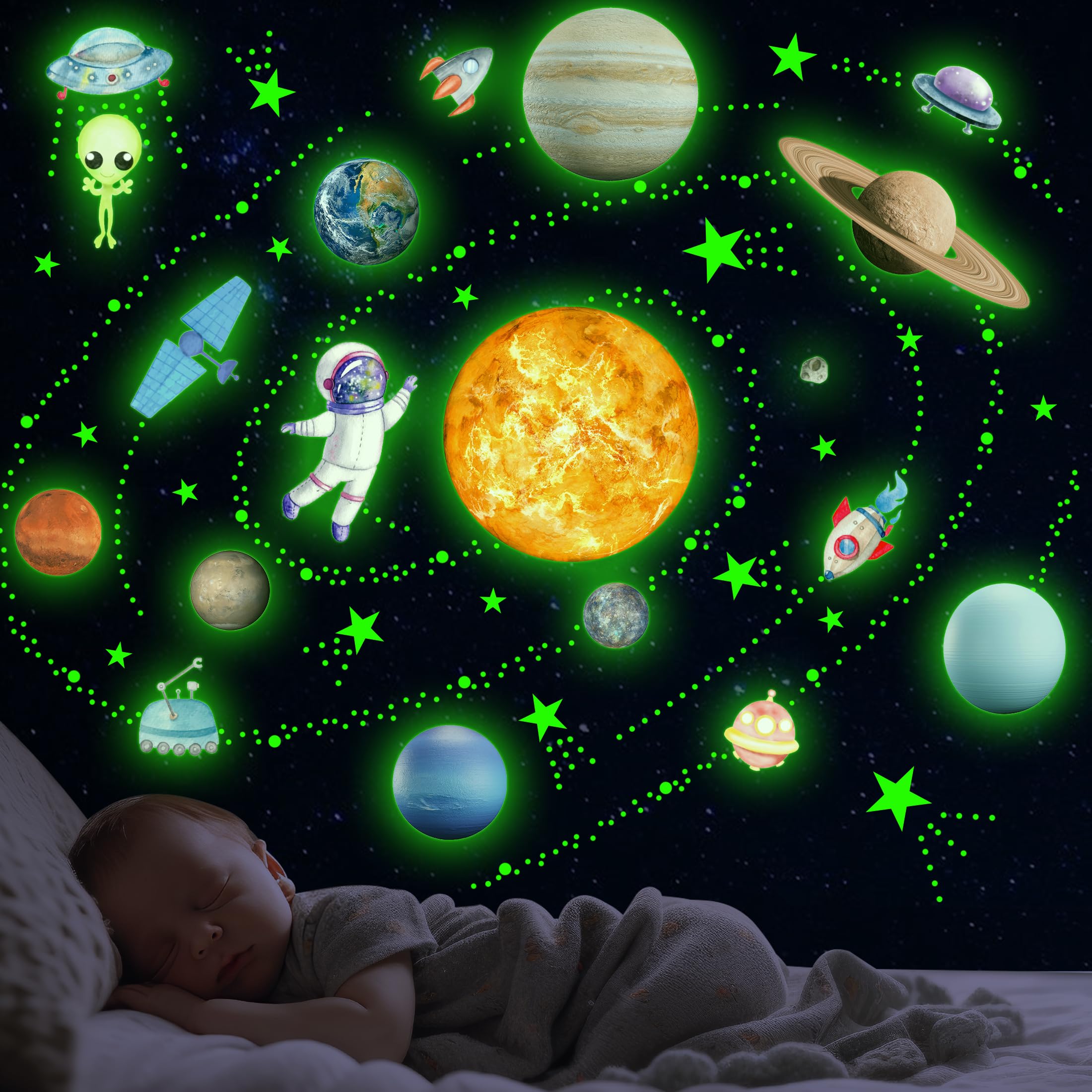 Amazon.com: Glow in The Dark Stars Solar System Wall Decals, Star and ...
