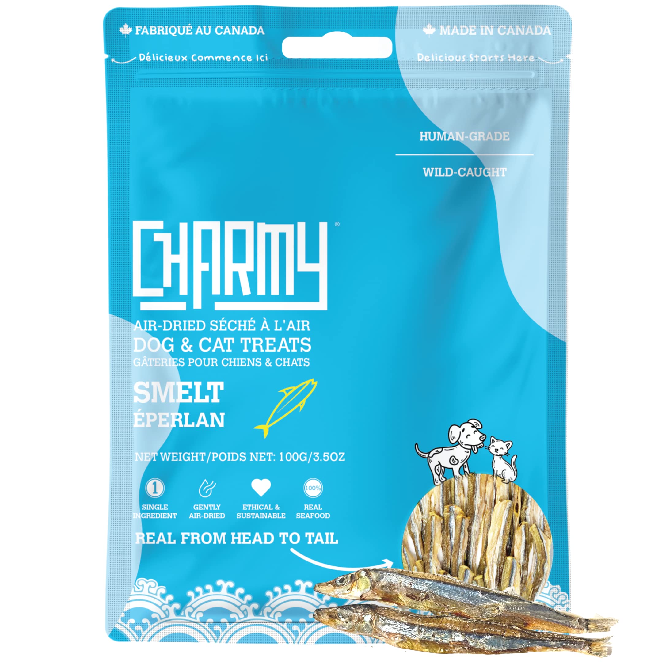 CHARMY Treats for Dogs/Cats, Wild Caught Lake Smelt, Air-Dried Gently ...