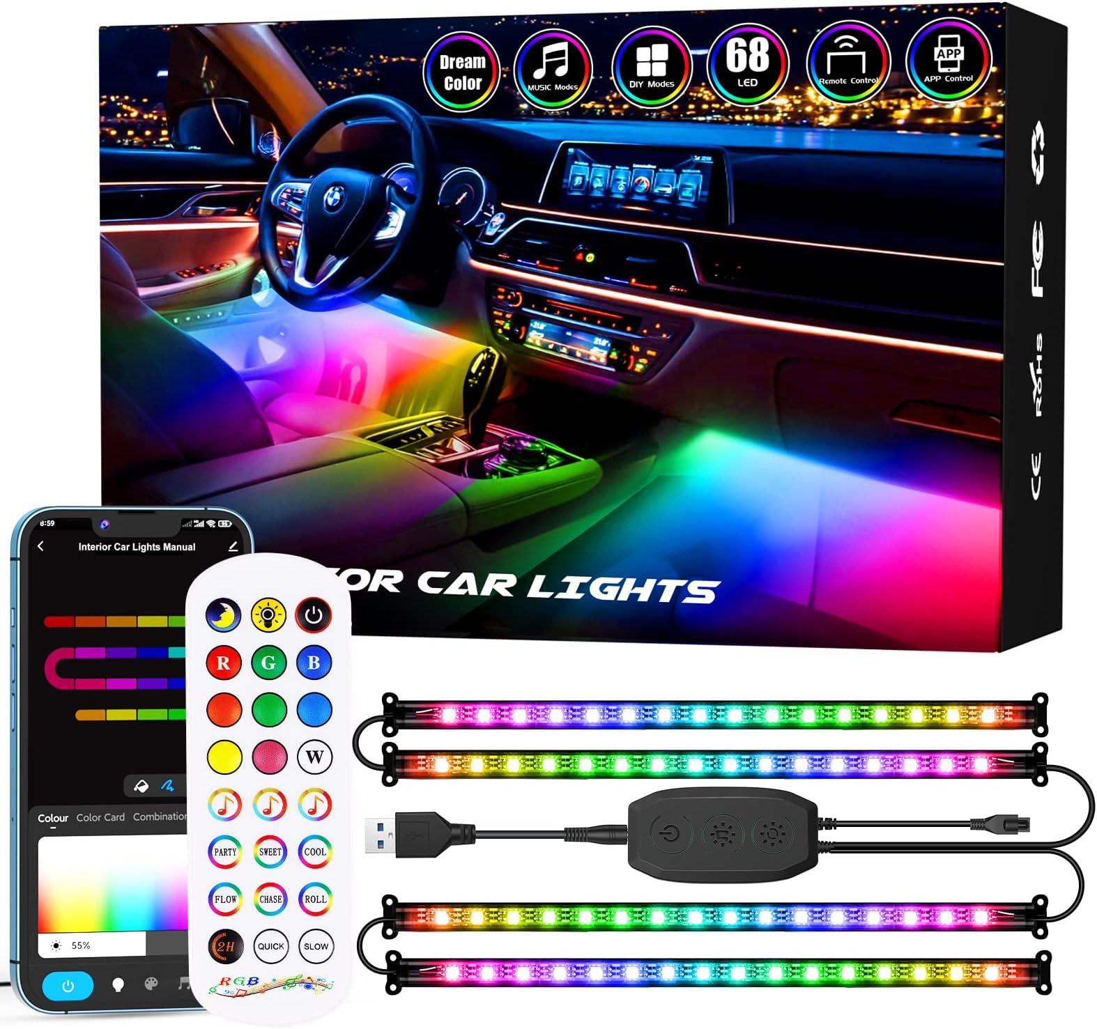 Amazon.com: Interior Car Lights, 2-in-1 Design 5V 2.1A 4PCS 68 LEDs ...