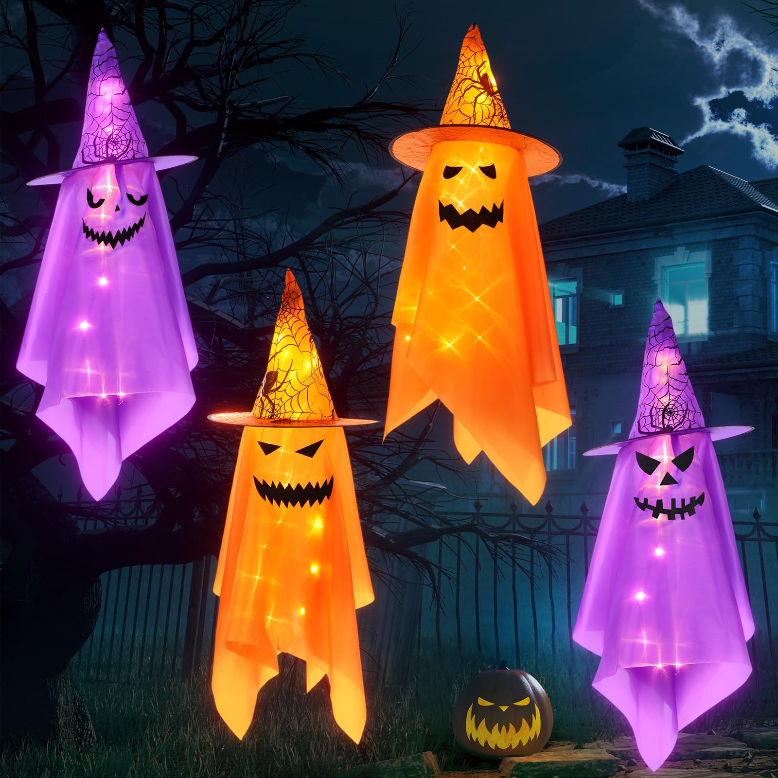 Amazon.com: Rossesay 4 Pcs 41 Inch Halloween Hanging Ghost Witch Hats ...