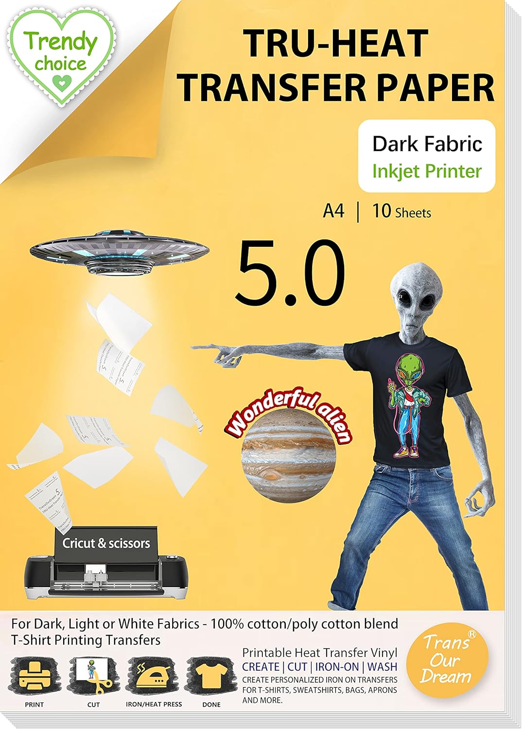 TransOurDream Tru Heat Transfer Paper For Dark T Shirts Fabrics 10 TransOurDream Tru Heat Transfer Paper For Dark T Shirts Fabrics 10