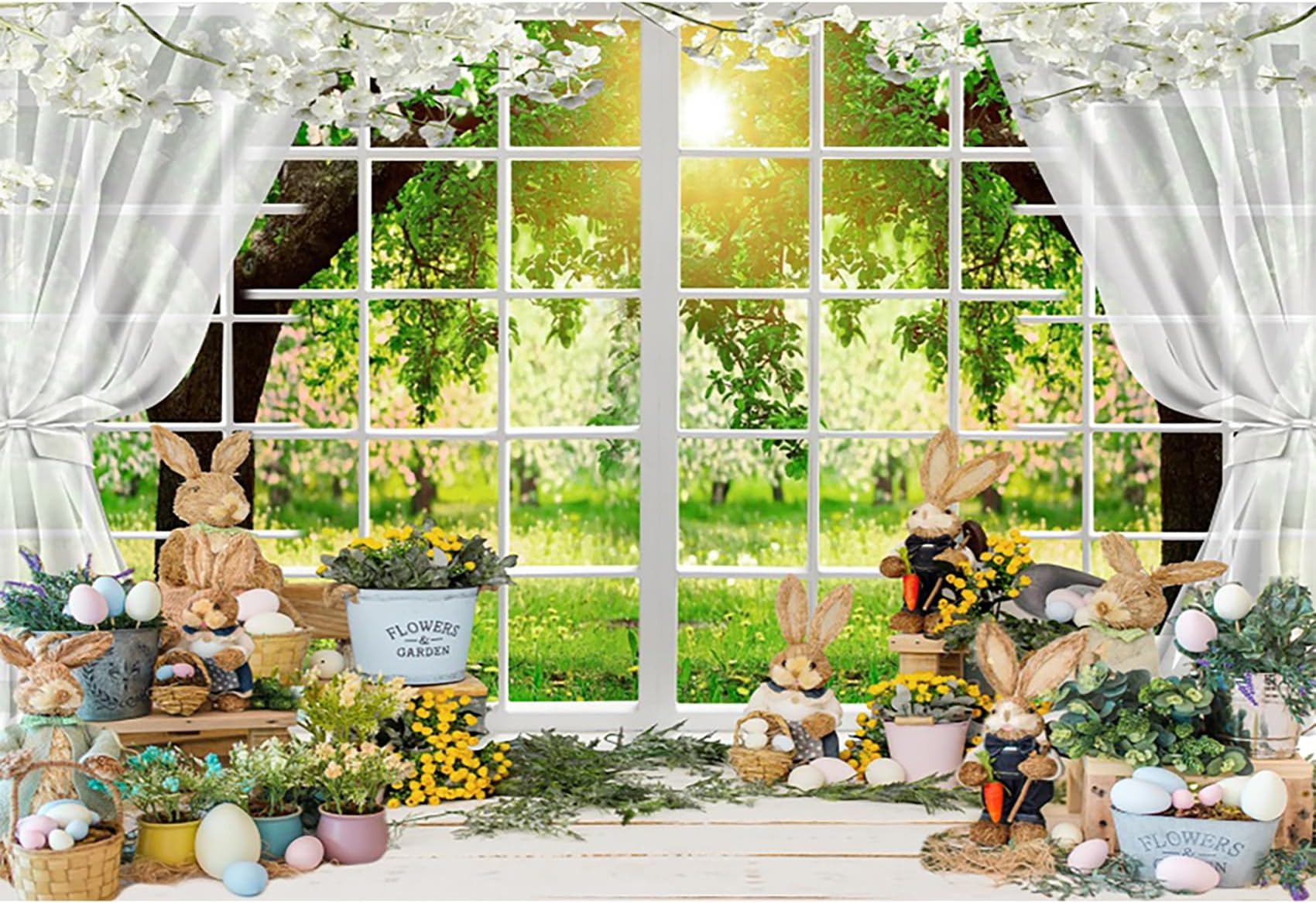 Amazon.com : AOFOTO 10x7ft Spring Easter Window Scenery Backdrop Rabbit ...