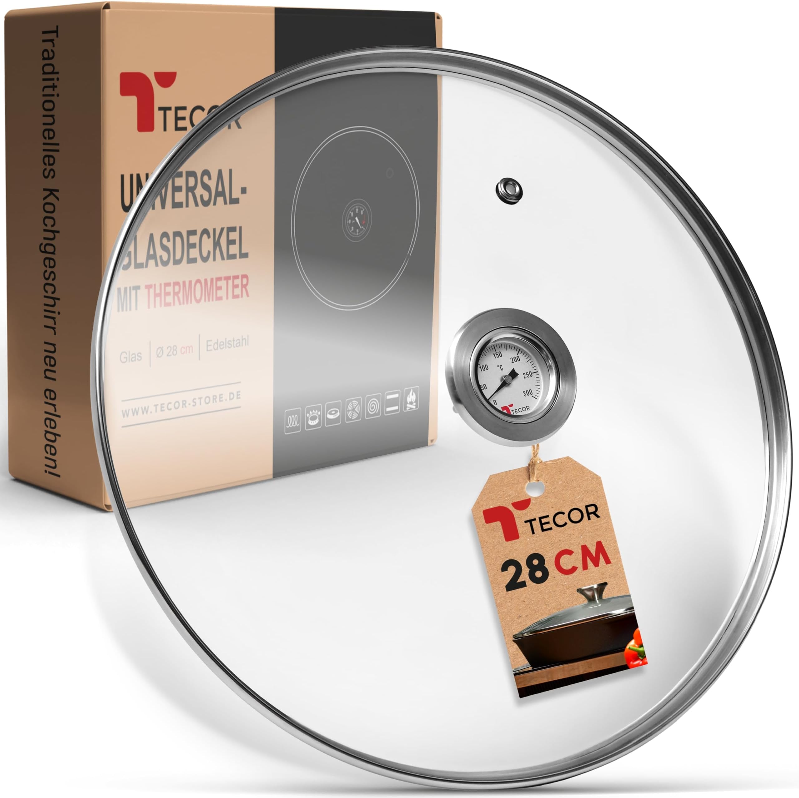 TECOR ® Pfannendeckel 28 cm mit Thermometer & Edelstahlrand, Glasdeckel ...