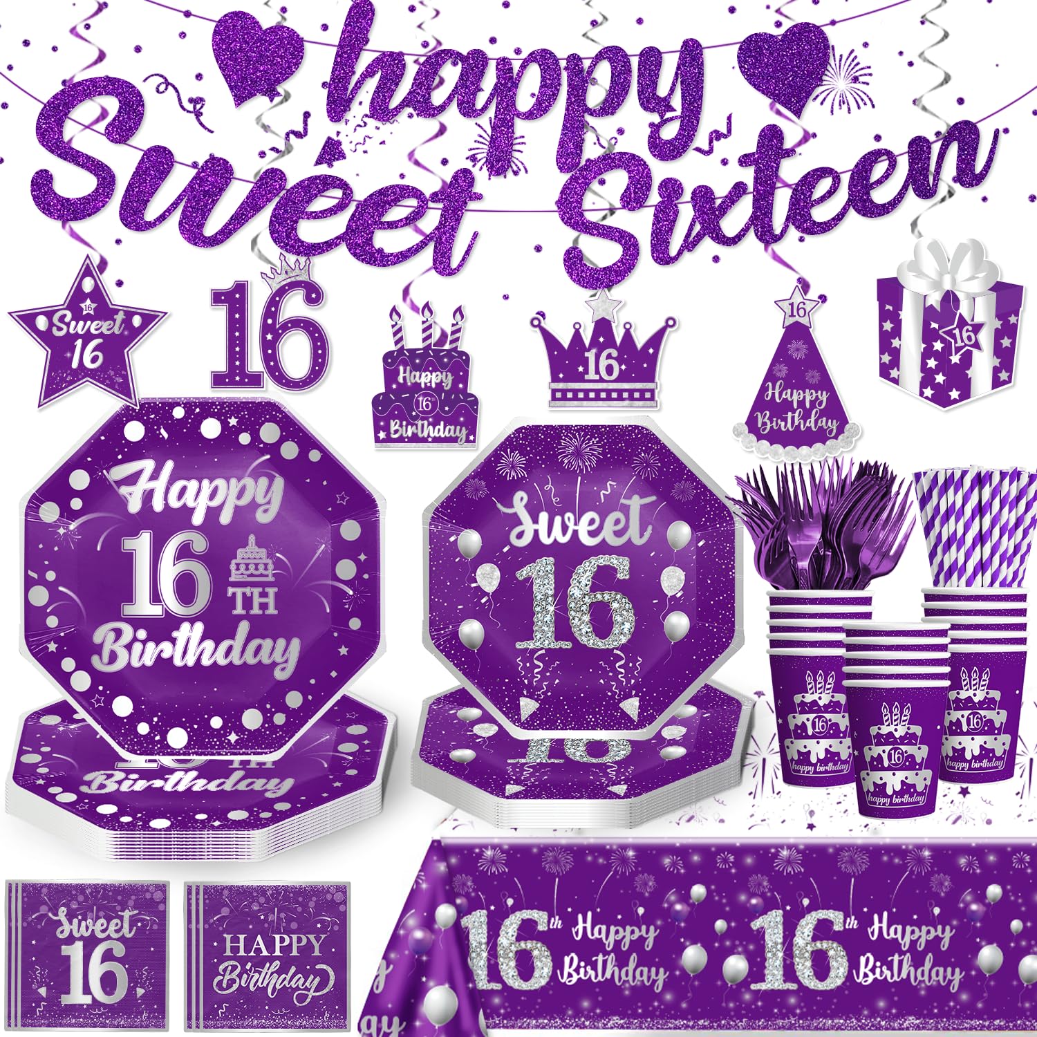 Amazon.com: 164pcs Sweet 16 Birthday Decorations Tableware Set for ...