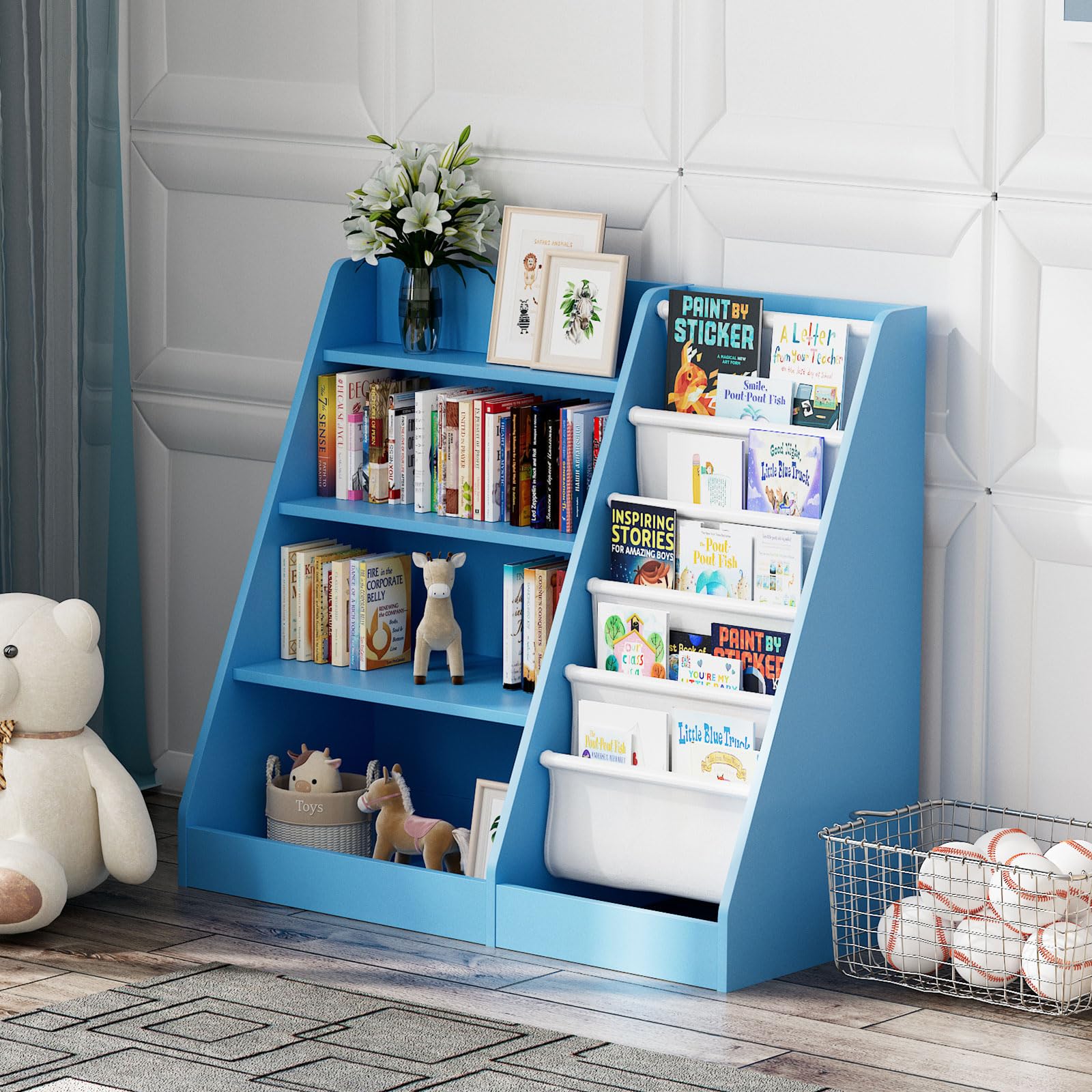 Snapklik.com : Blue 4 Tier Kids Wooden Bookshelf,Five Layer Sling ...