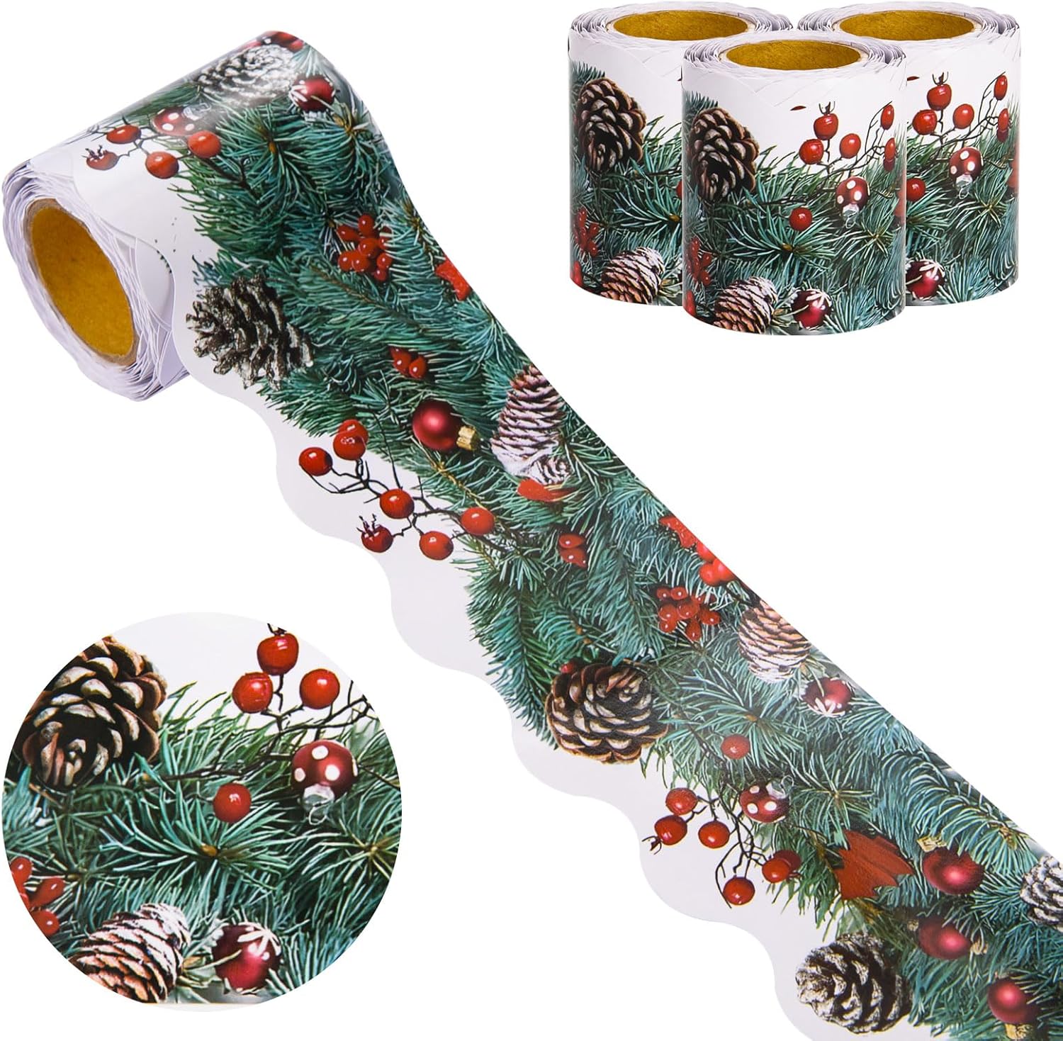 Amazon.com: 99 Feet Christmas Bulletin Board Borders Red Berries&Pine ...